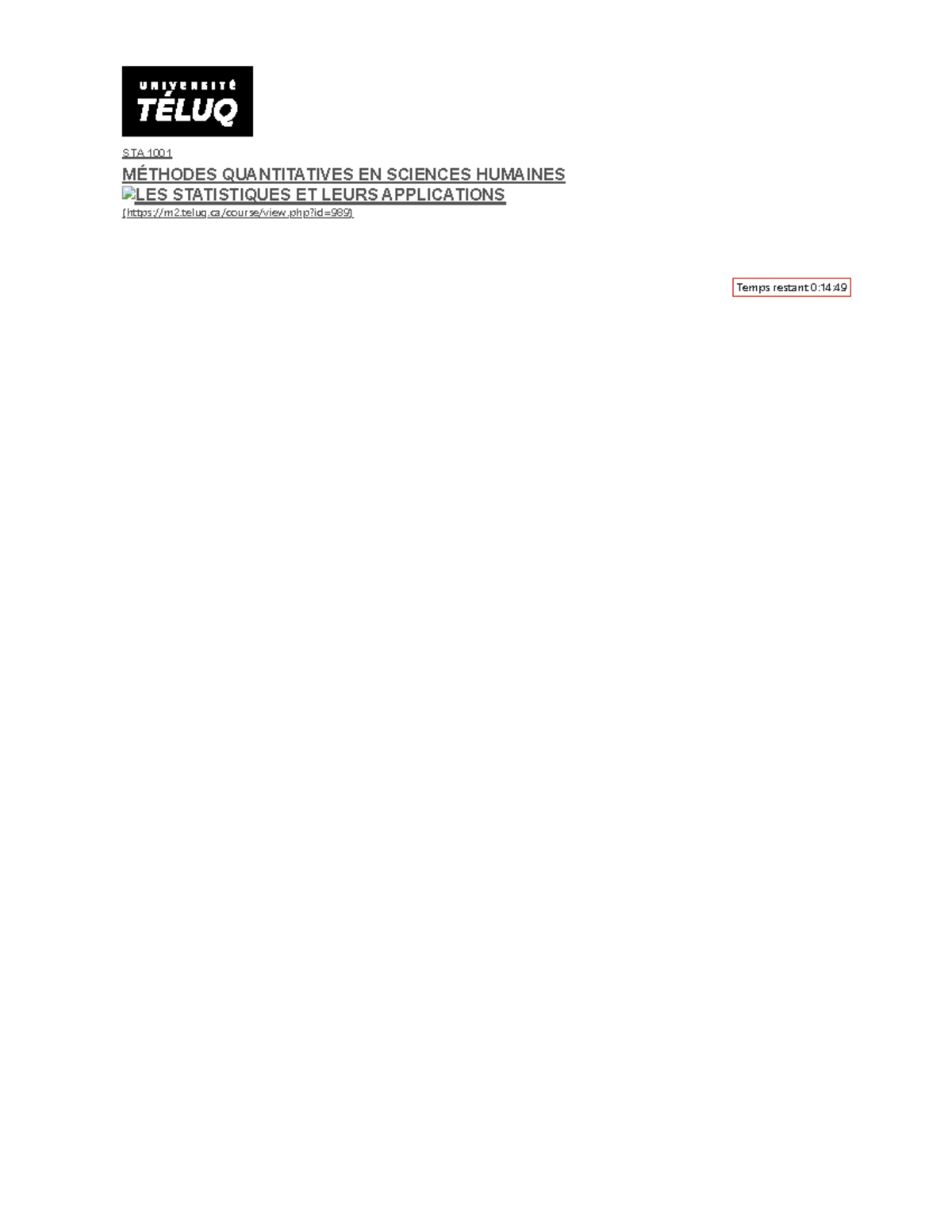 Pratique Analyse Examen Teluq - STA 1001 MÉTHODES QUANTITATIVES EN ...