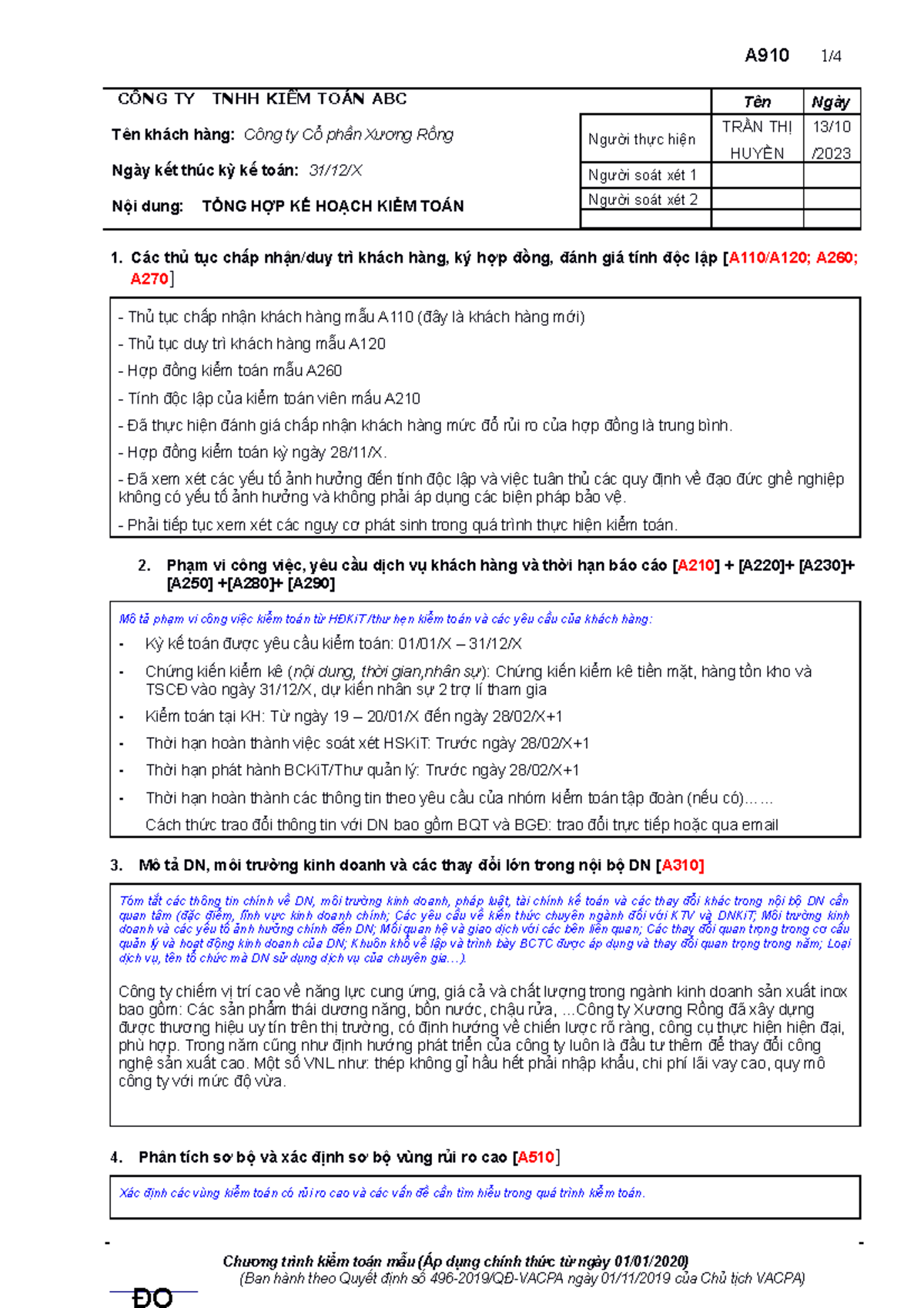 A910 - Tổng hợp kế hoạch kiểm toán - A910 1 / 4 CÔNG TY TNHH KIỂM TOÁN ABC Tên khách hàng: Công ...