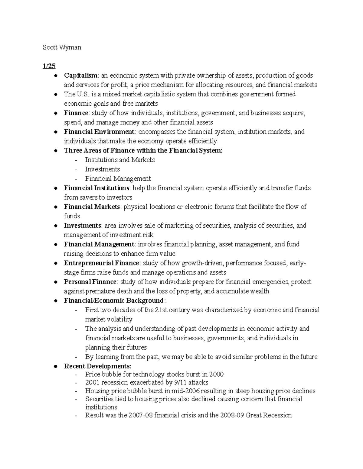 Finance Notes - Scott Wyman 1/ Capitalism: an economic system with ...