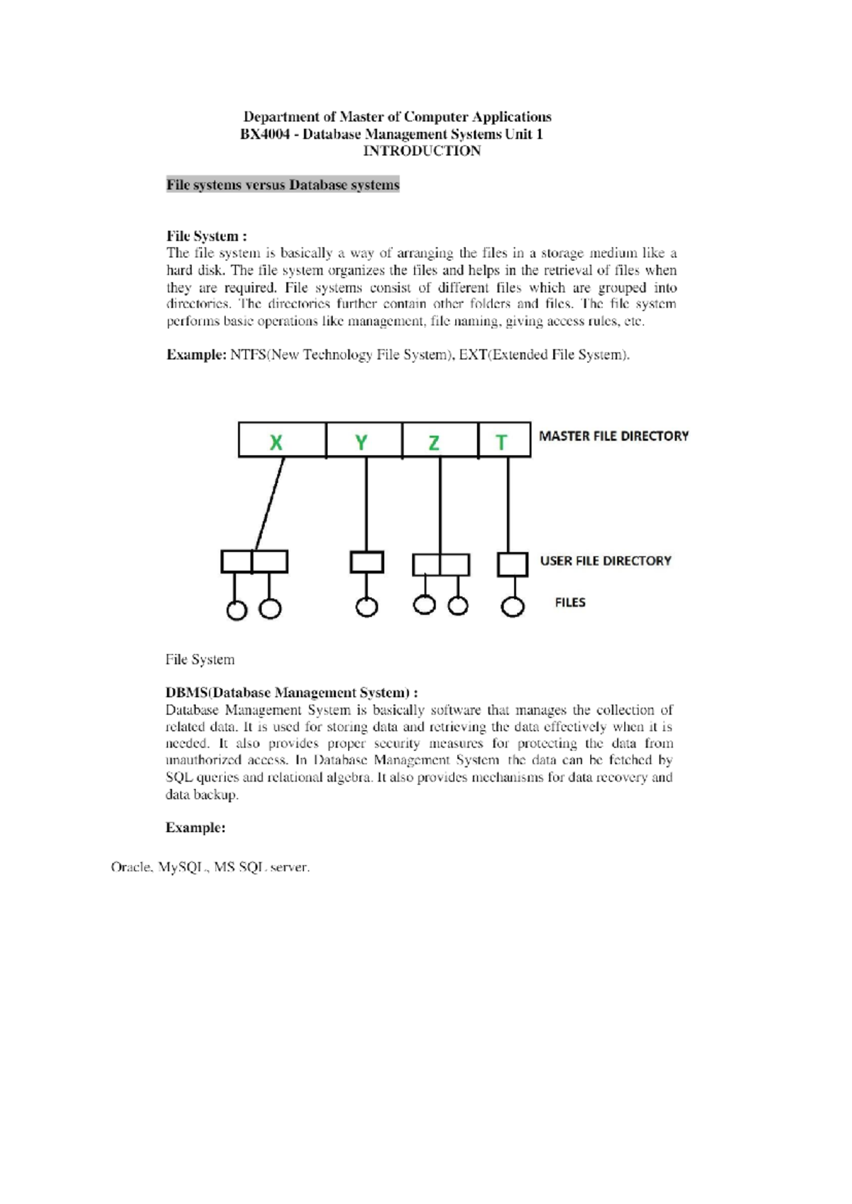 BX4004 UNIT 1 Database management systems - Department of Master of ...