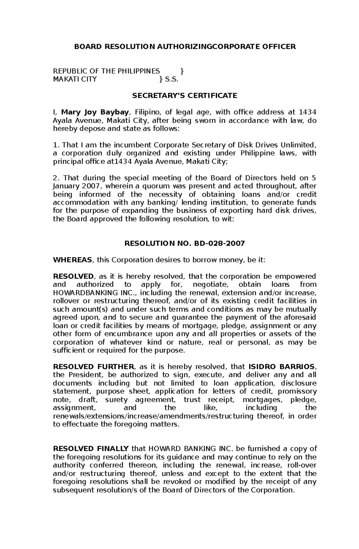 Board Resolution Authorizingcorporate - BOARD RESOLUTION ...