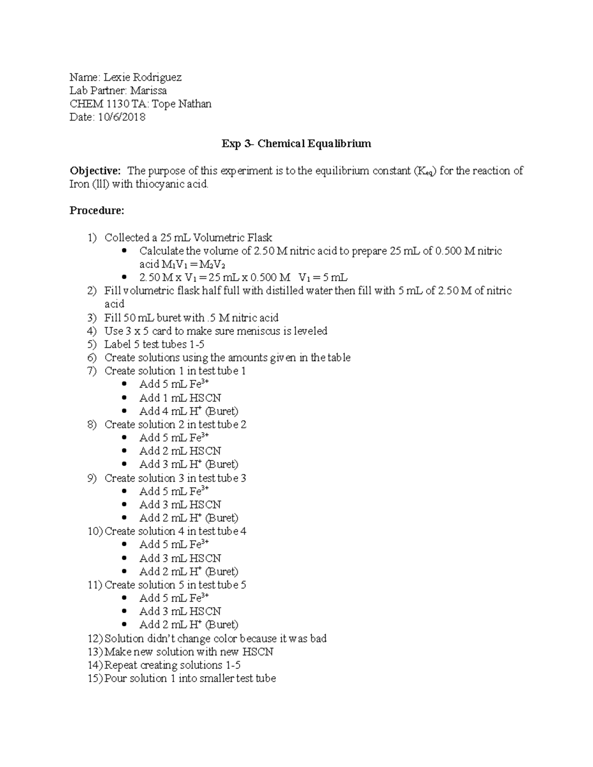Exp 3 - Chemical Equilibrium - Name: Lexie Rodriguez Lab Partner ...