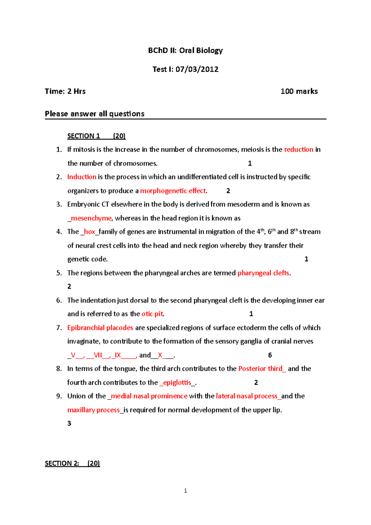 OBI Test I Memo - BChD II: Oral Biology Test I: 07/03/ Time: 2 Hrs 100 ...