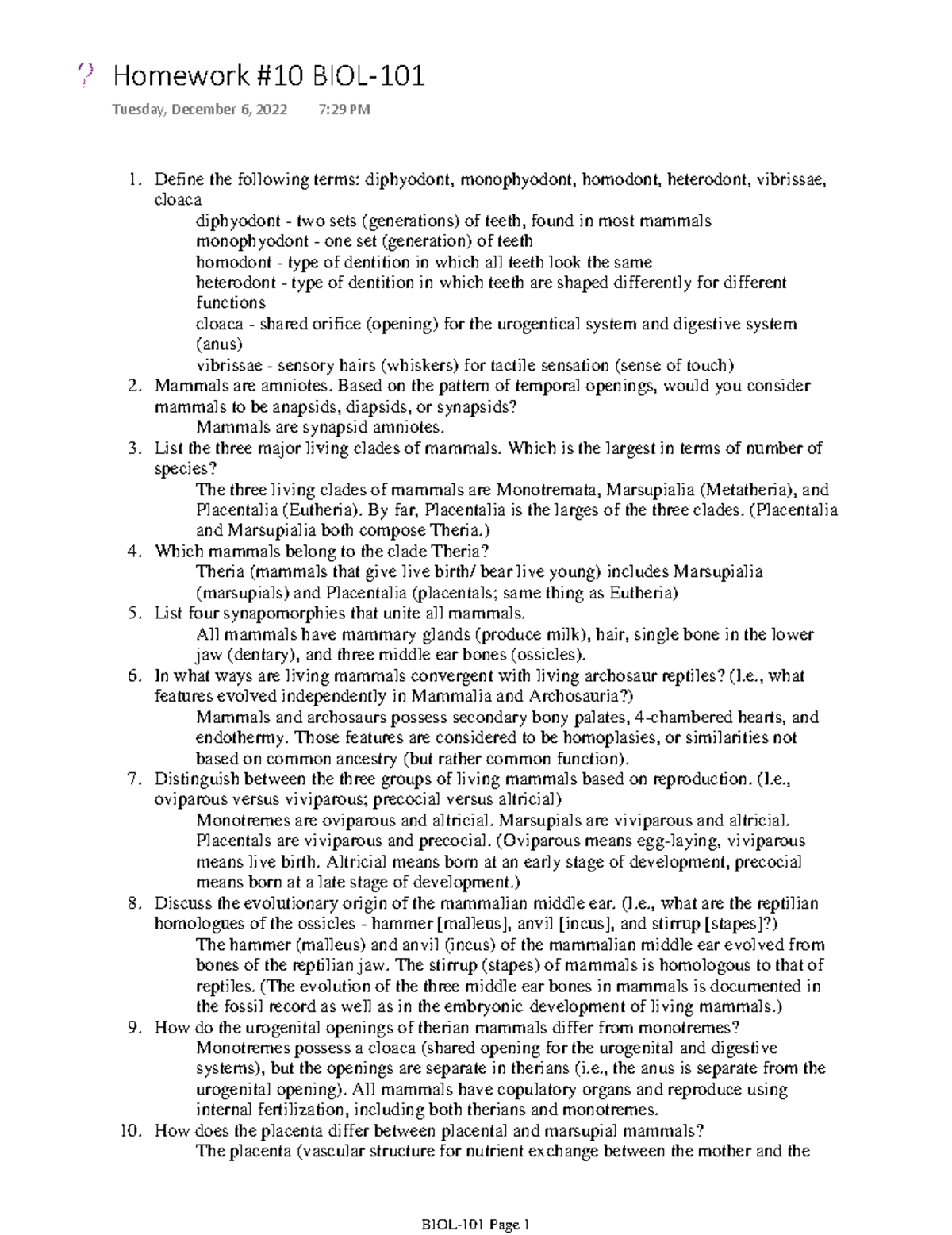 Homework 10 BIOL-101 - 1. Define the following terms: diphyodont ...