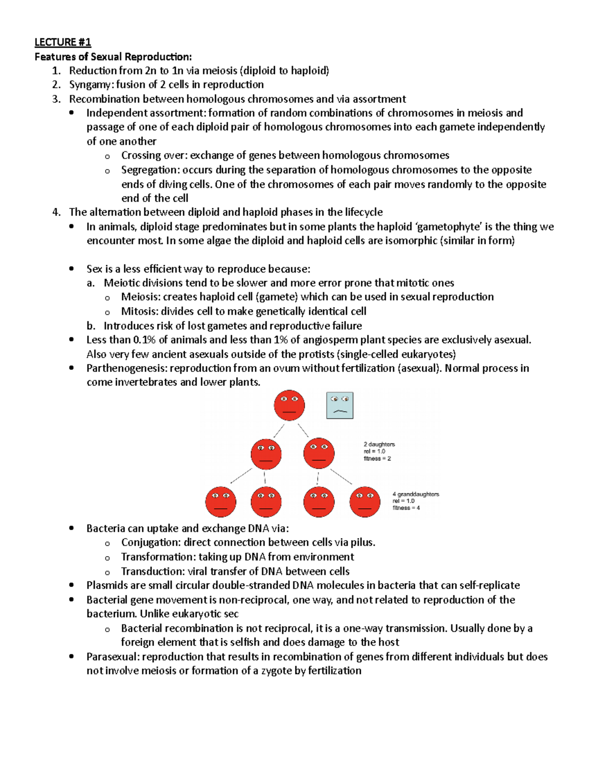 Midterm 1 Notes Lecture Features Of Sexual Reproduction 1 Reduction