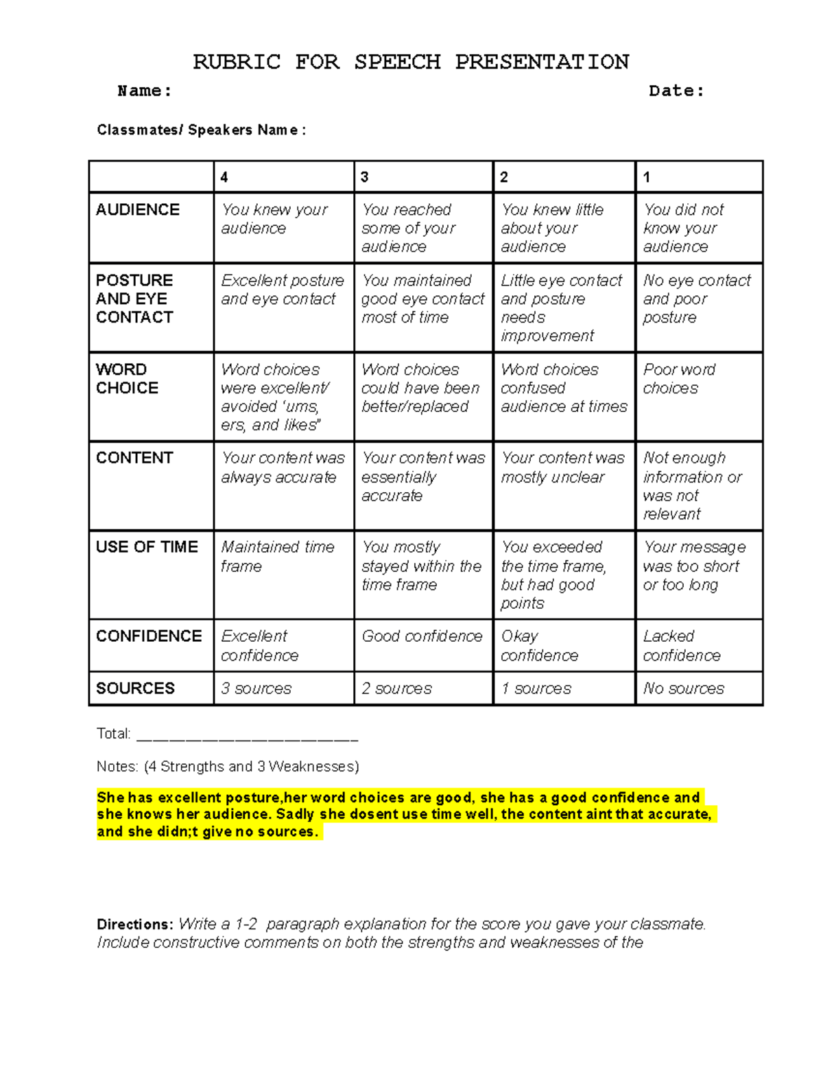 Copy of Speech Rubric Presentation - RUBRIC FOR SPEECH PRESENTATION ...