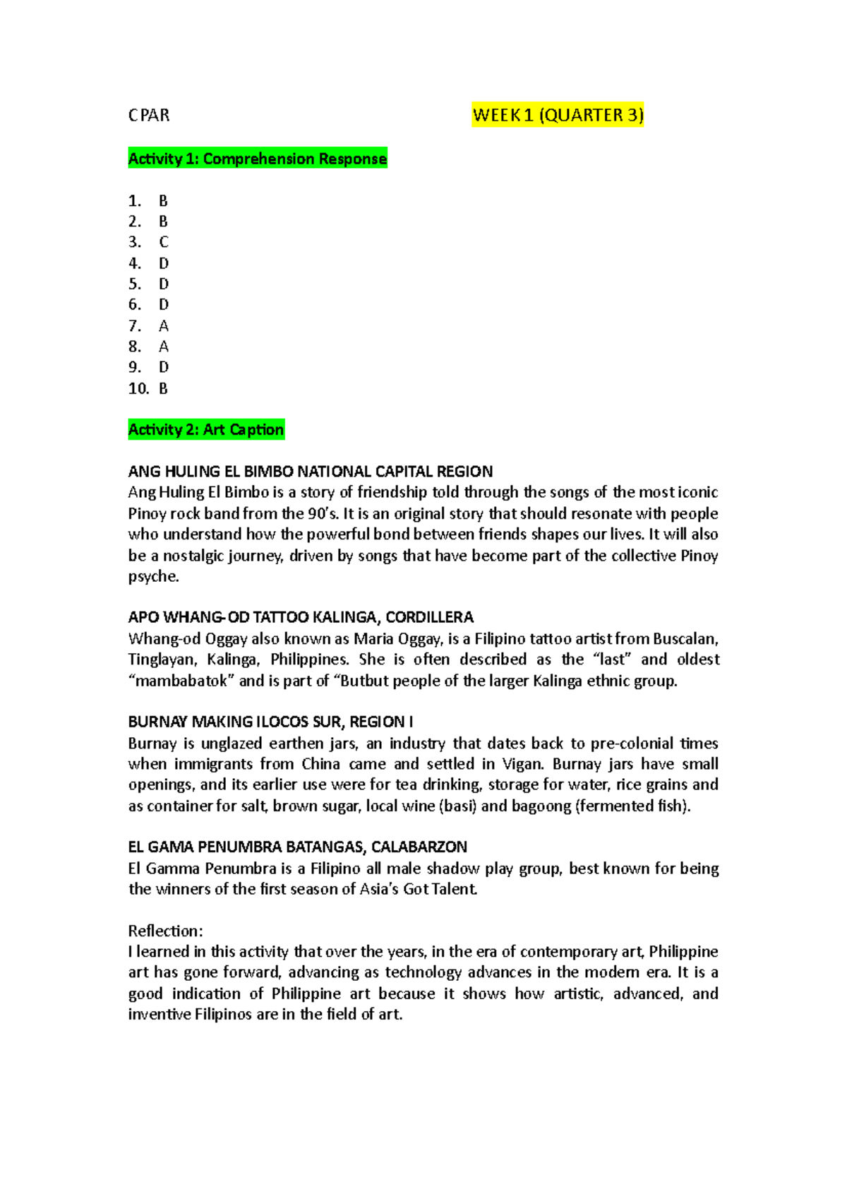 CPAR WEEK 1 - CPAR Week 1 of Quarter 3 - CPAR WEEK 1 (QUARTER 3 ...