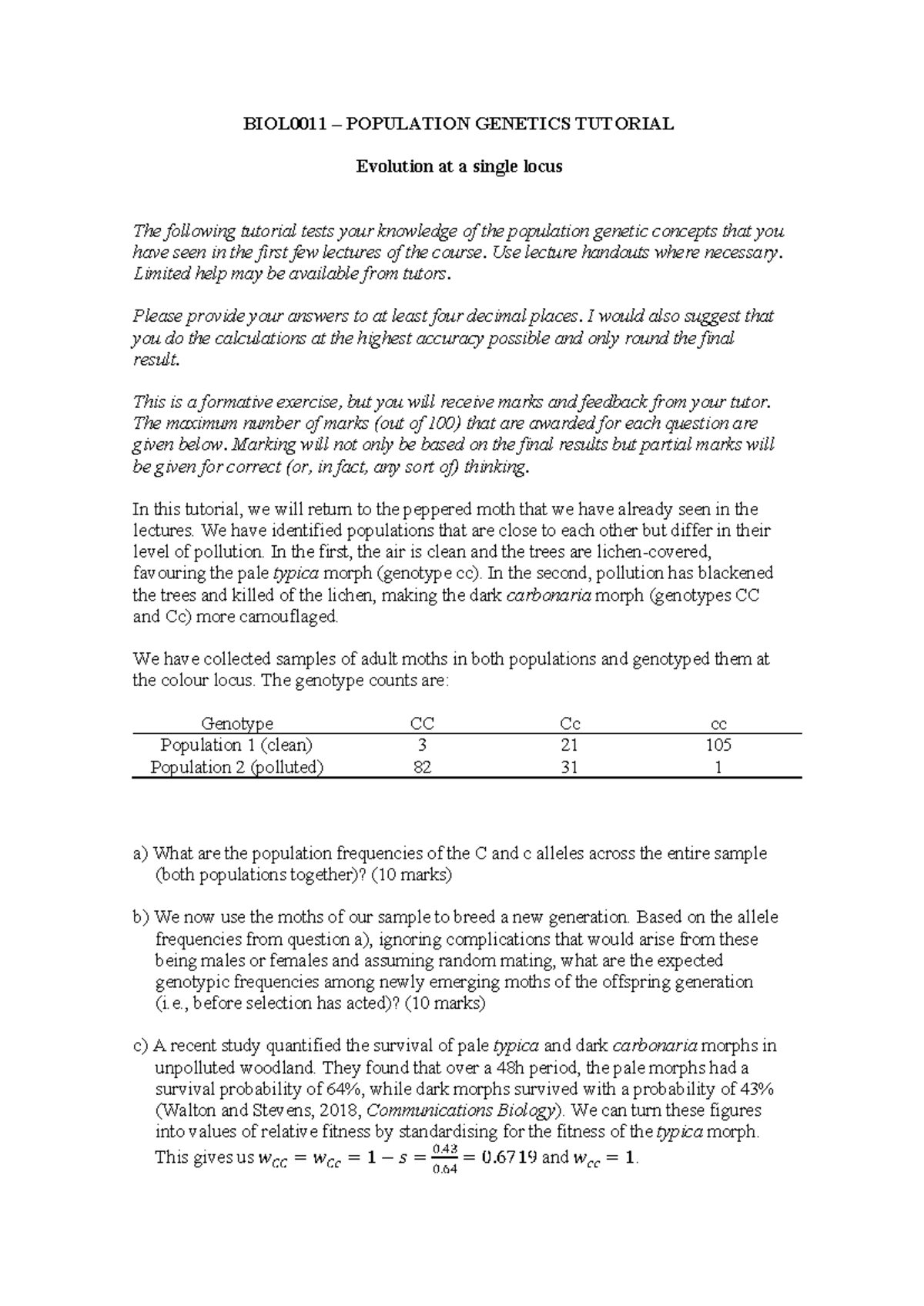 Tutorial 1 - BIOL 0011 – POPULATION GENETICS TUTORIAL Evolution at a ...