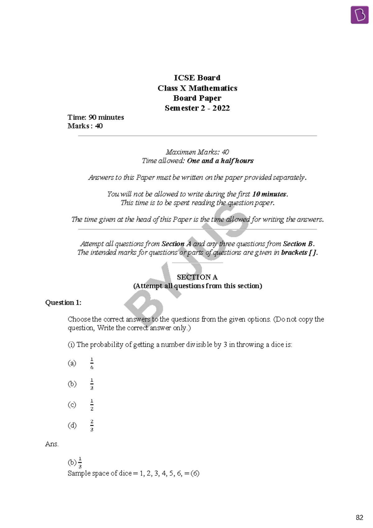 ICSE Class X Maths Question Paper Solutions 2022 Semester 2 - BYJUS ICSE Board Class X ...
