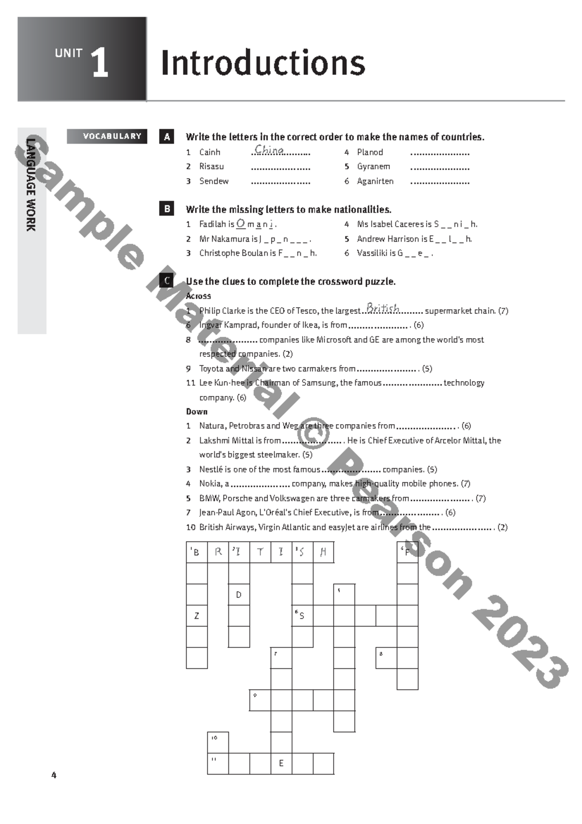 Market Leader ELEM - Practice File - LANGUAGE WORK 1 unit 4 Introductions A Write the letters in ...