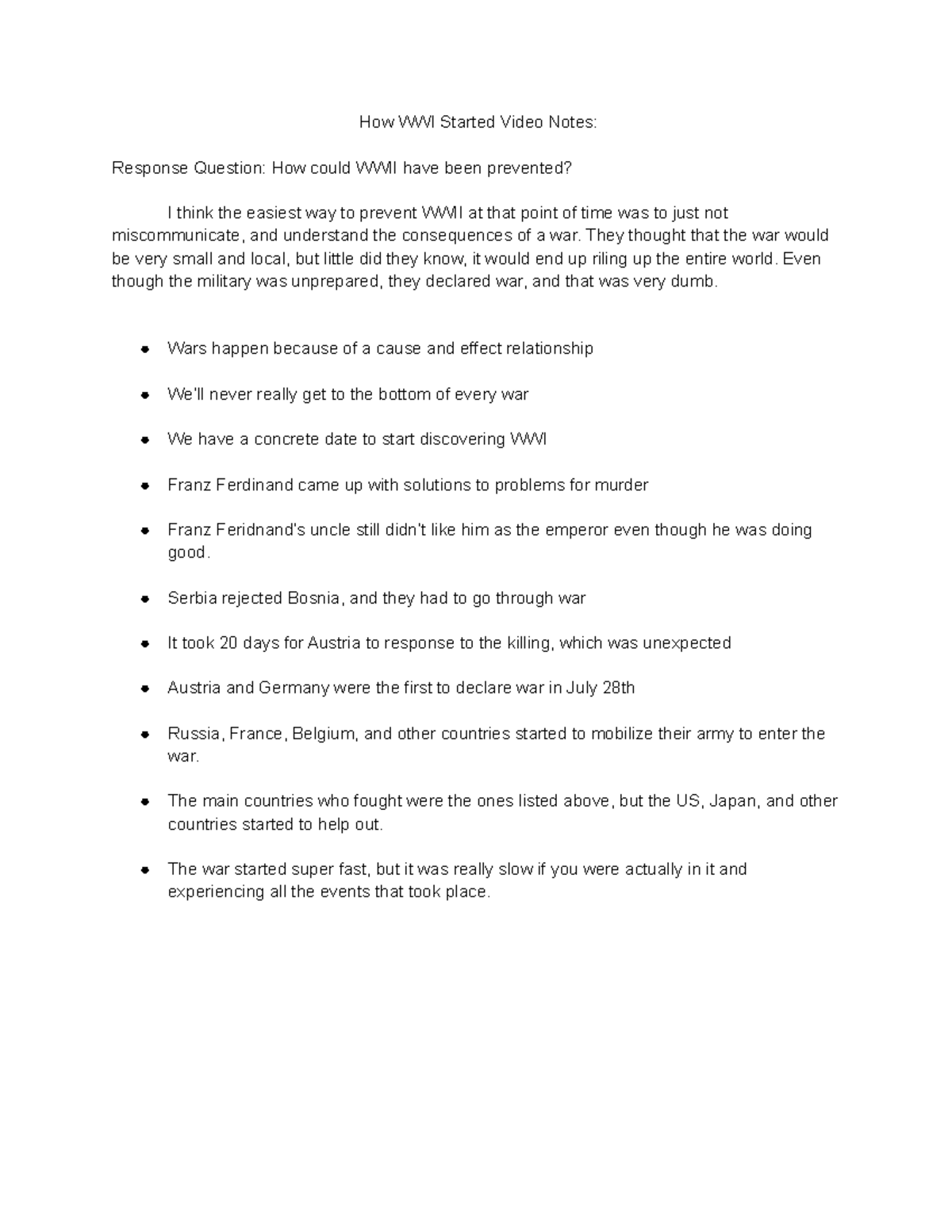 V.N. How WWI Started - How WWI Started Video Notes: Response Question ...
