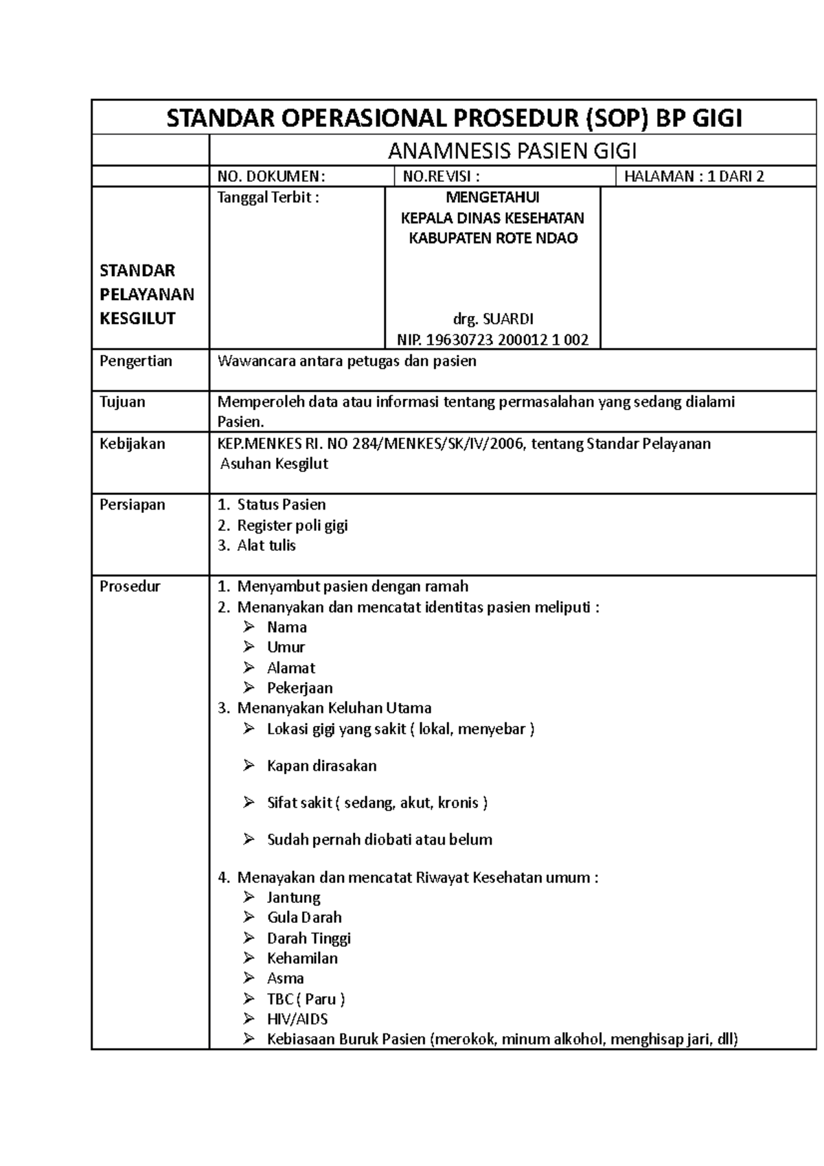 Standar Operasional Prosedur BARU GIGI - STANDAR OPERASIONAL PROSEDUR (SOP) BP GIGI ANAMNESIS ...