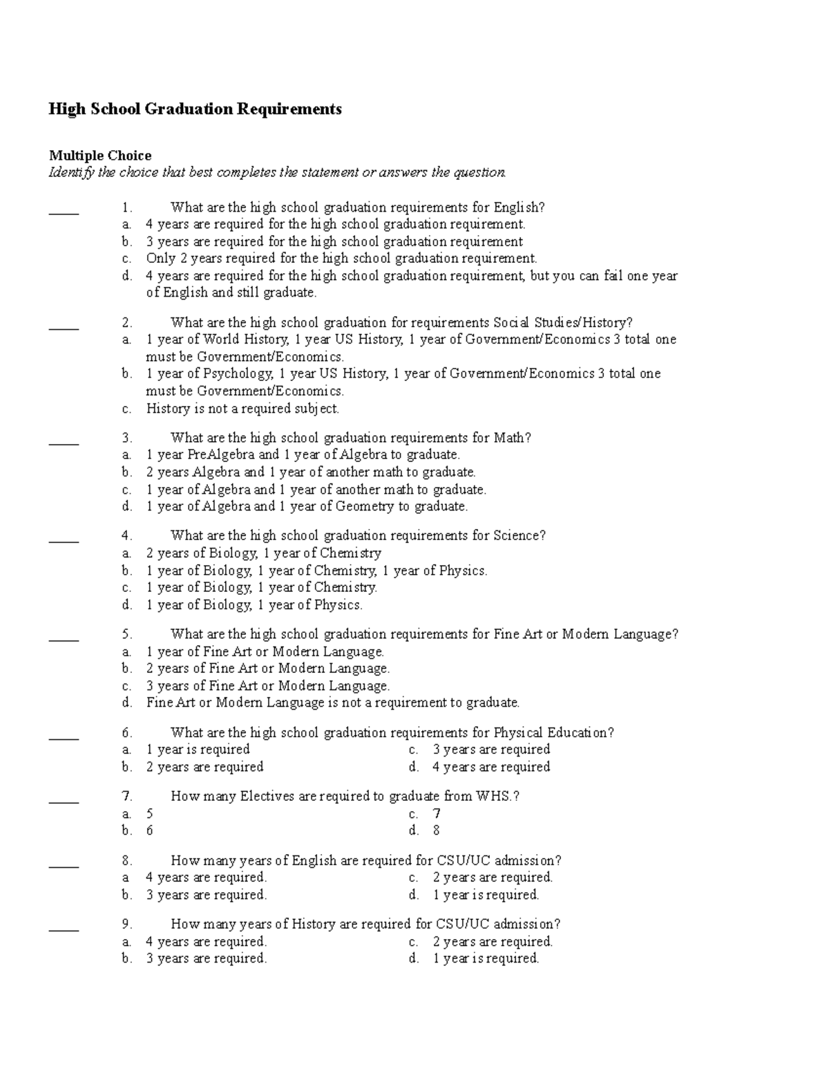 High School Graduation Requirements Quiz High School Graduation