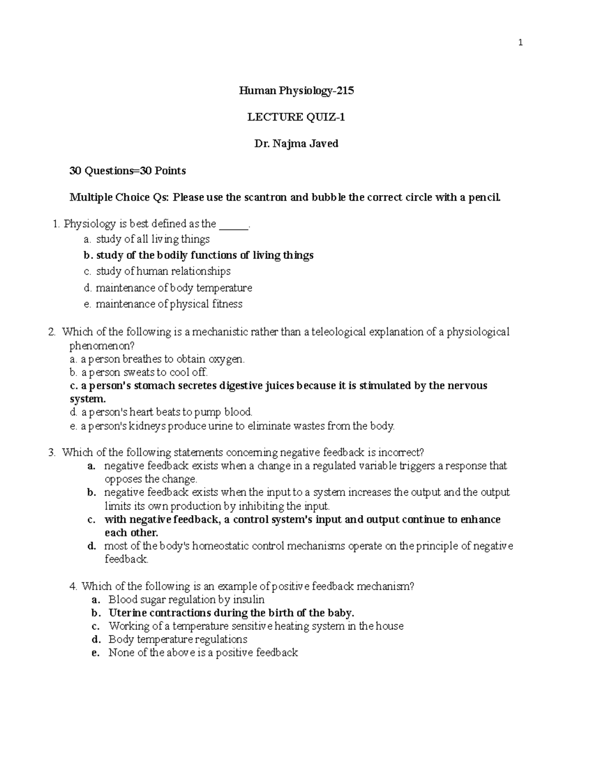Lecture Quiz-1 Fall 2018 -Answer Key - Human Physiology- LECTURE QUIZ ...