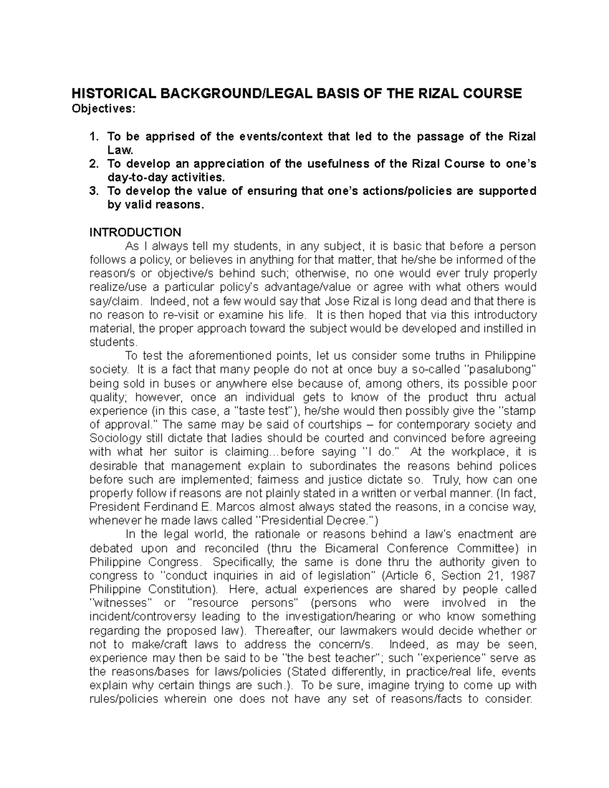 Rizal Historical Background - HISTORICAL BACKGROUND/LEGAL BASIS OF THE ...