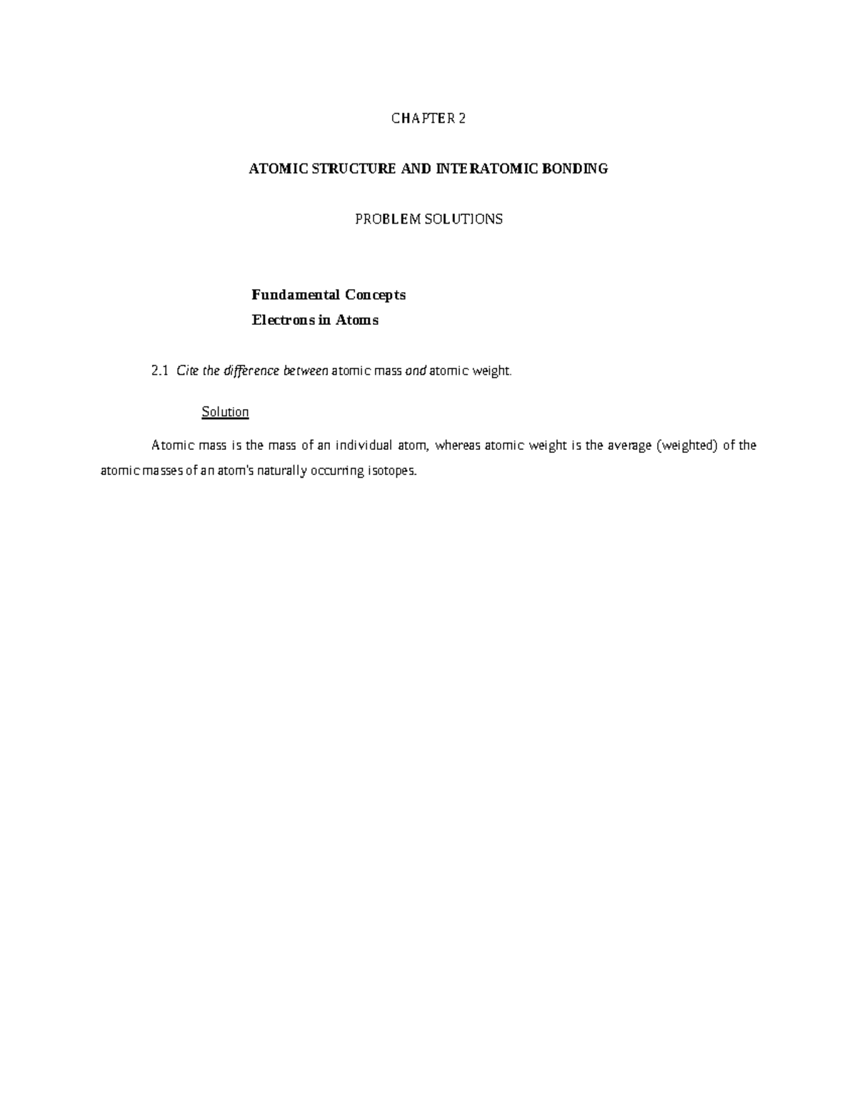 Ch2~ch6 solution - CHAPTER 2 ATOMIC STRUCTURE AND INTERATOMIC BONDING PROBLEM SOLUTIONS ...