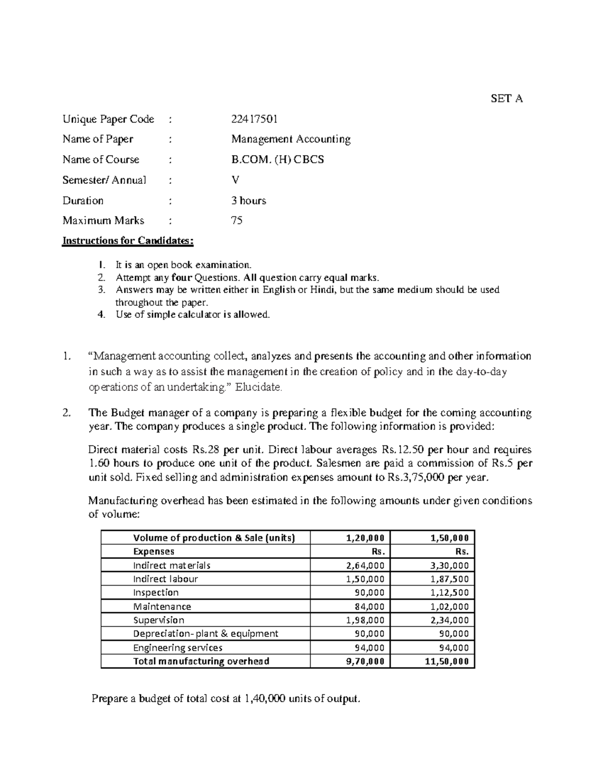 Management Accounting Question Paper 2020 Exam SET A Unique Paper