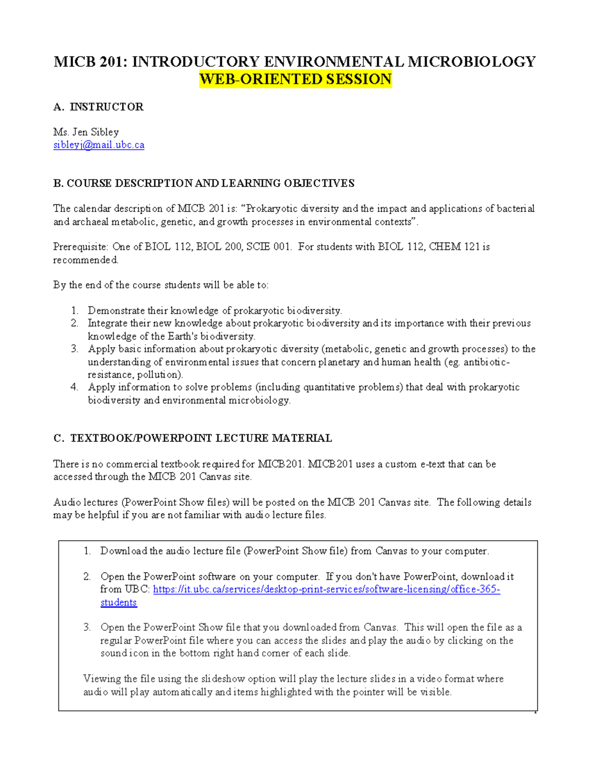 Course Outline - Micb syllabus - MICB 201: INTRODUCTORY ENVIRONMENTAL ...