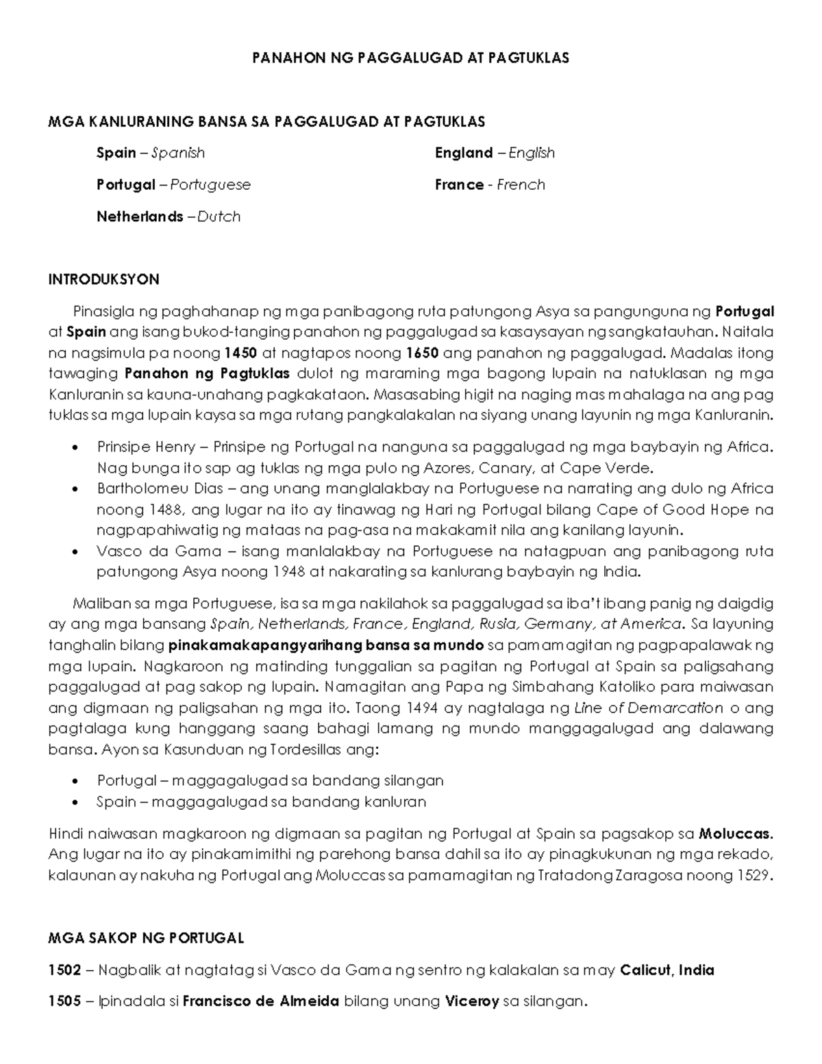 Notes Aralin Panahon-NG- Paggalugad-AT- Pagtuklas - PANAHON NG ...