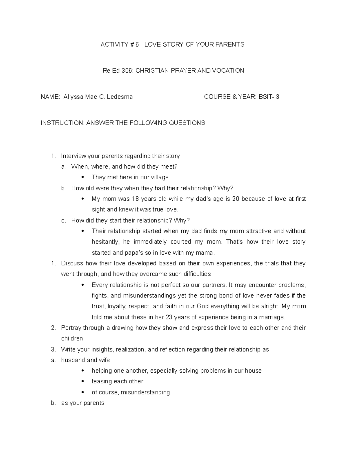 Re Ed - Esssay only - ACTIVITY # 6 LOVE STORY OF YOUR PARENTS Re Ed 306 ...