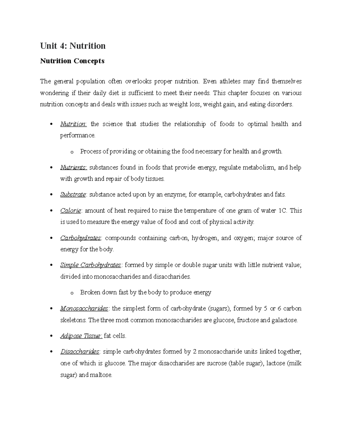 Unit 4- Nutrition - fitness - Unit 4: Nutrition Nutrition Concepts The ...