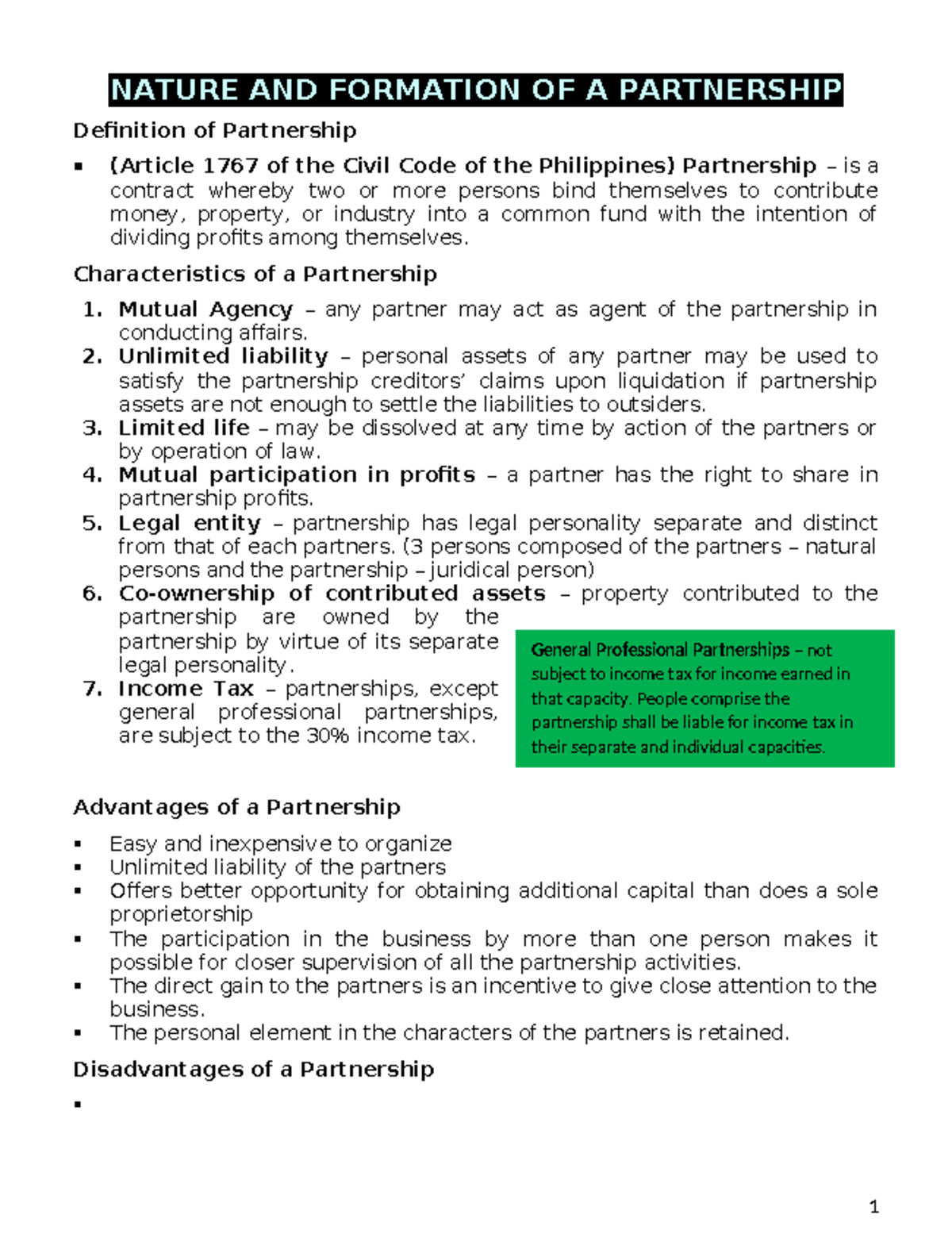 Parcor Notes - 156 - NATURE AND FORMATION OF A PARTNERSHIP Definition ...