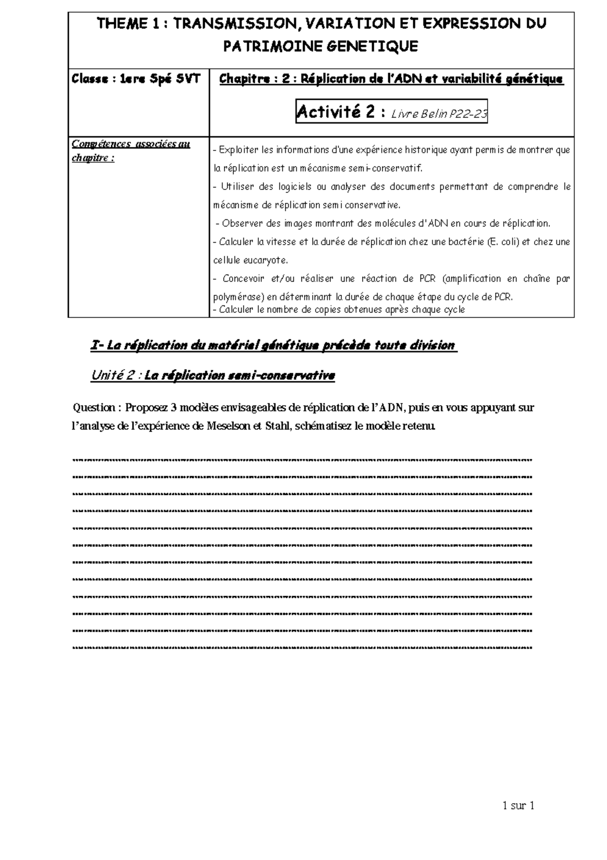 Unite 2 svt - Fiche - 1 sur 1 THEME 1 : TRANSMISSION, VARIATION ET EXPRESSION DU PATRIMOINE ...