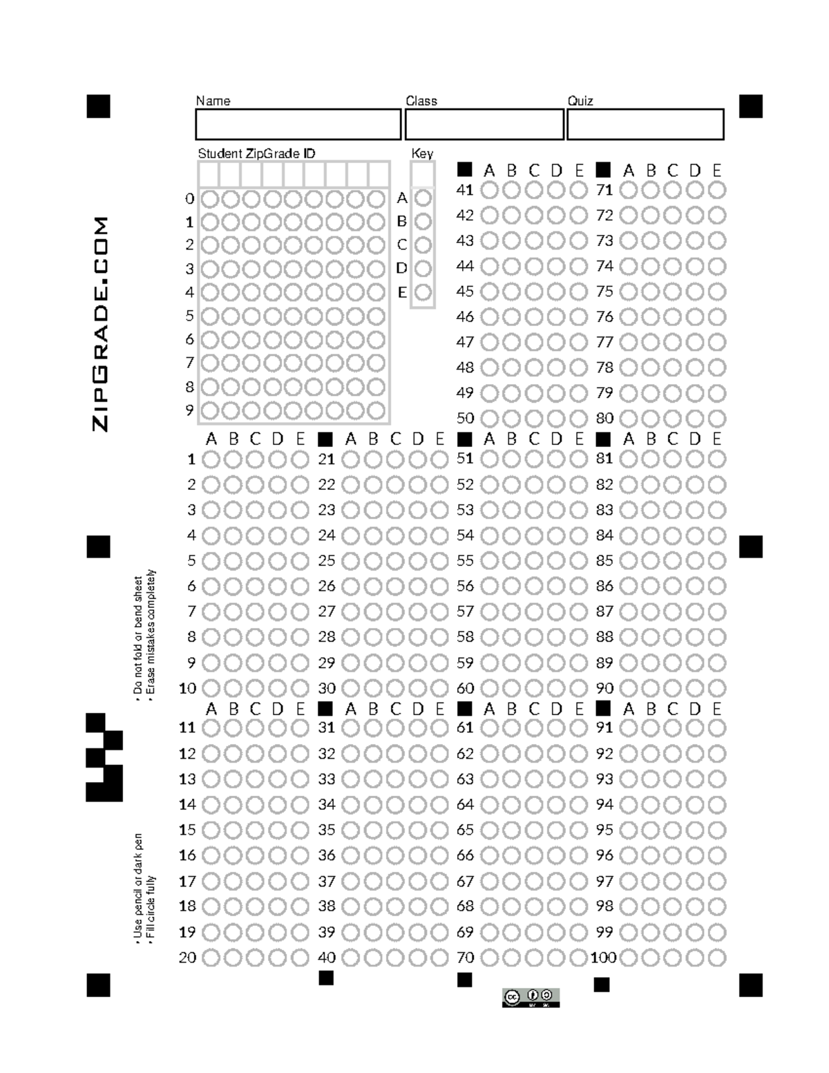 Zip Grade Answer Sheet - Name Class Quiz ZipGrade Use pencil or dark ...