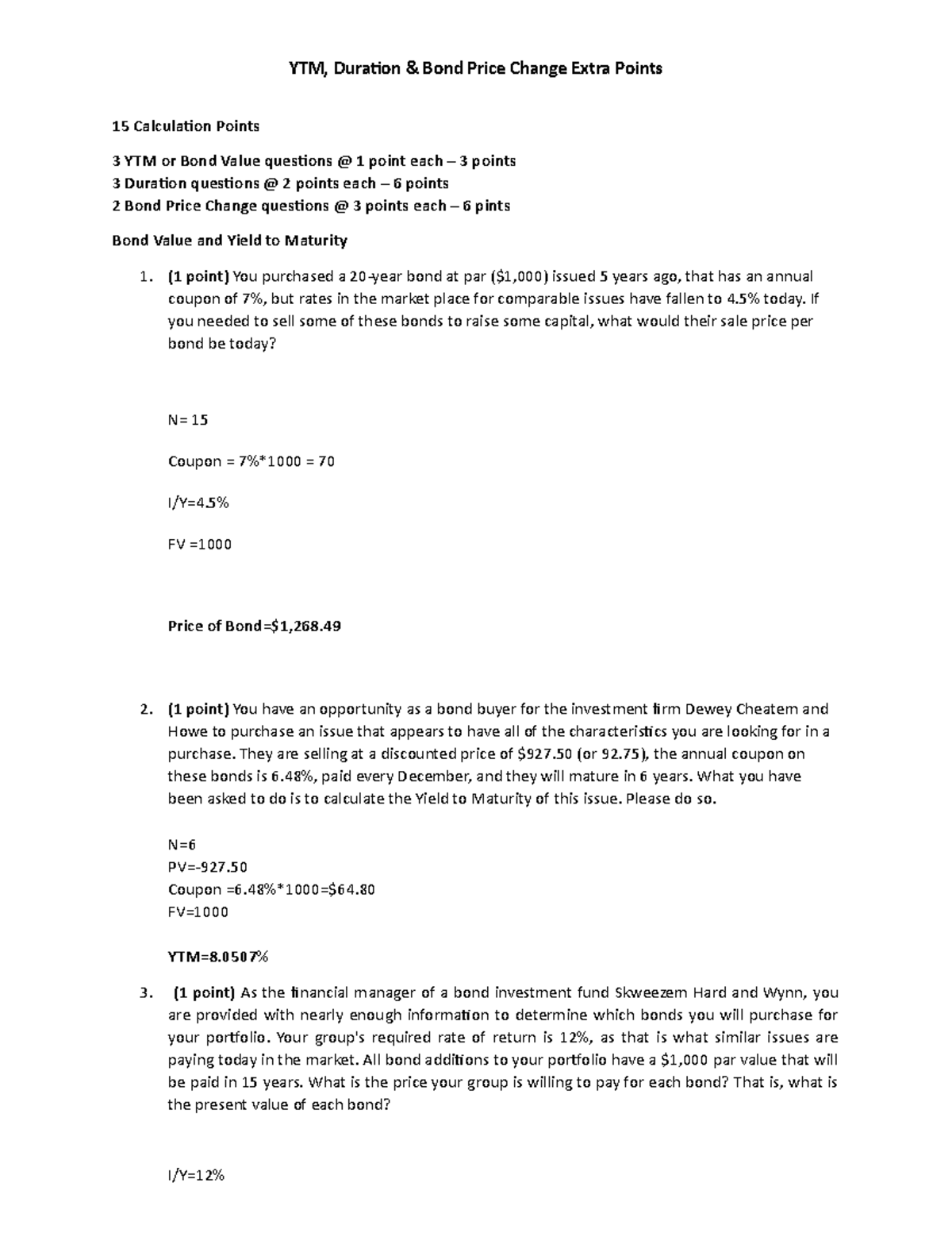 YTM, Duration & BP Change Extra Points - 15 Calculation Points 3 YTM or ...
