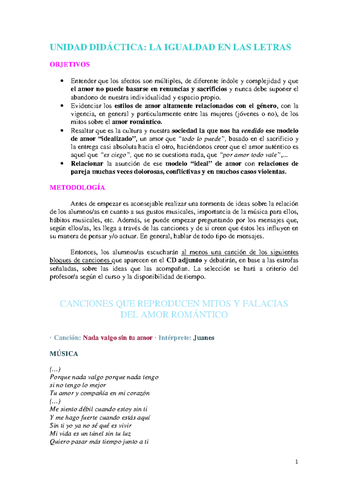 Analisis de canciones - Lecture notes Violencia de genero - UNIDAD ...