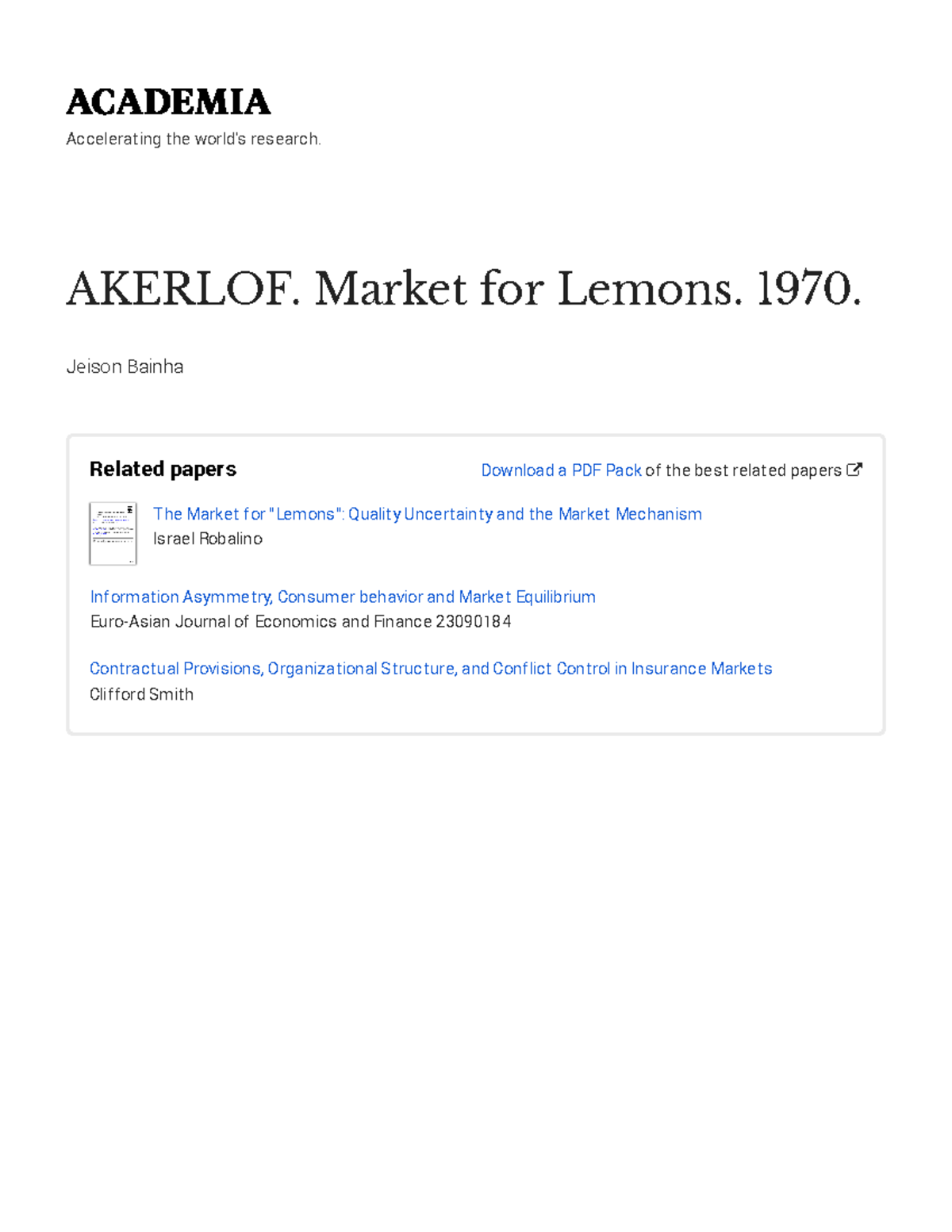 Akerlof (1970) - Lecture notes - Accelerat ing t he world's research ...