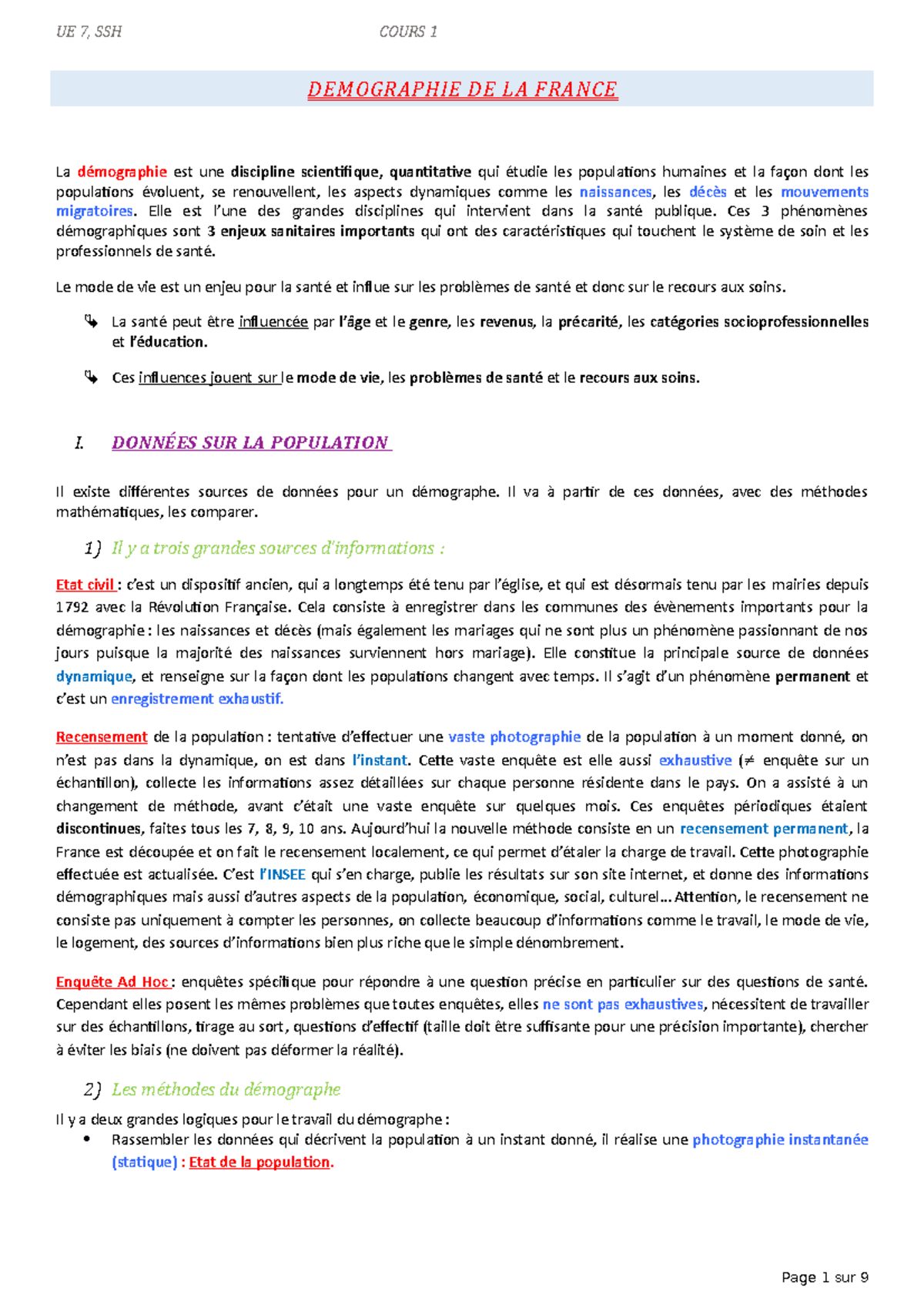 C1 - Démographie de la France - UE 7, SSH COURS 1 DEMOGRAPHIE DE LA ...