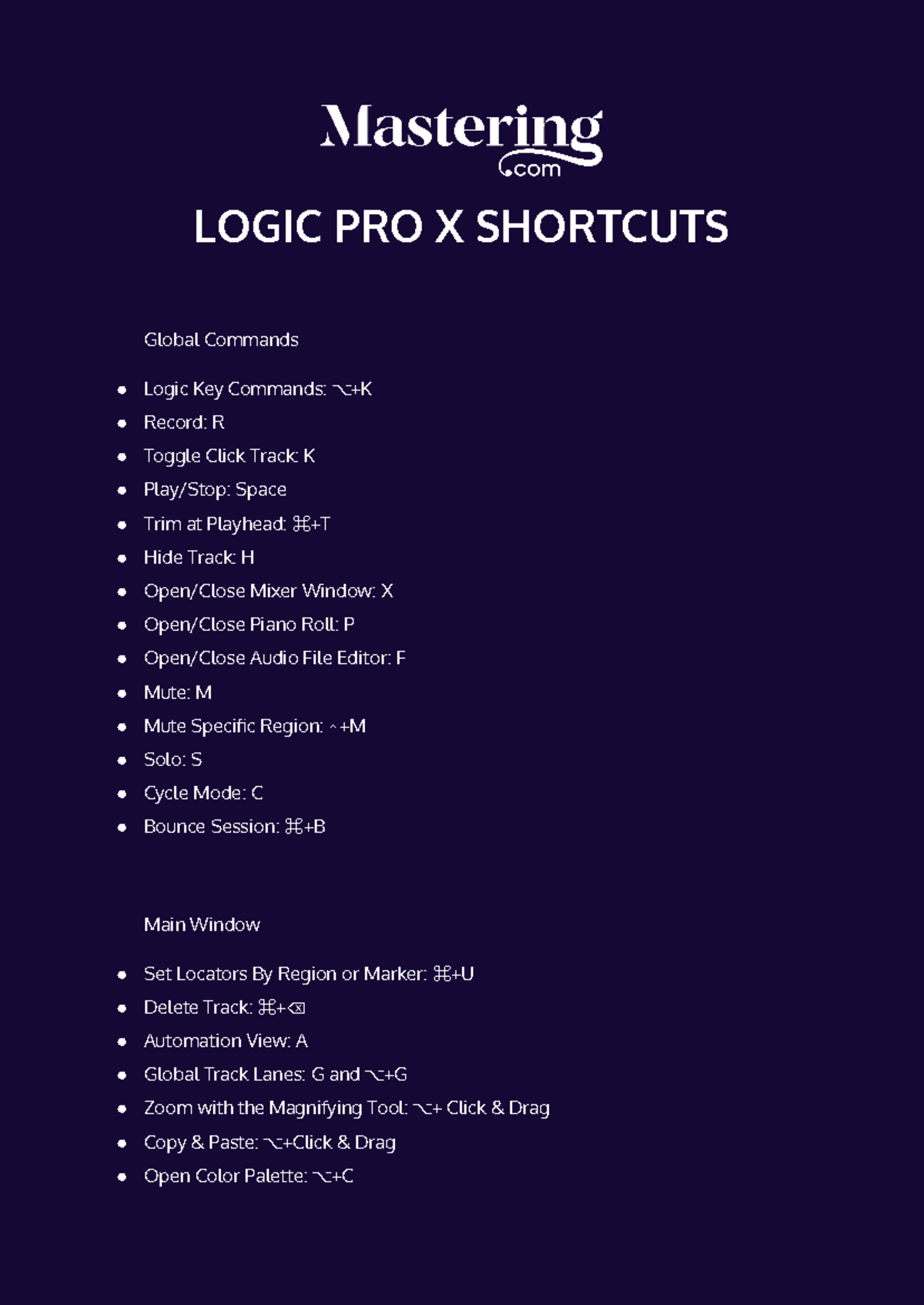 Logic Pro X Cheat Sheet-2 - LOGIC PRO X SHORTCUTS Global Commands Logic ...
