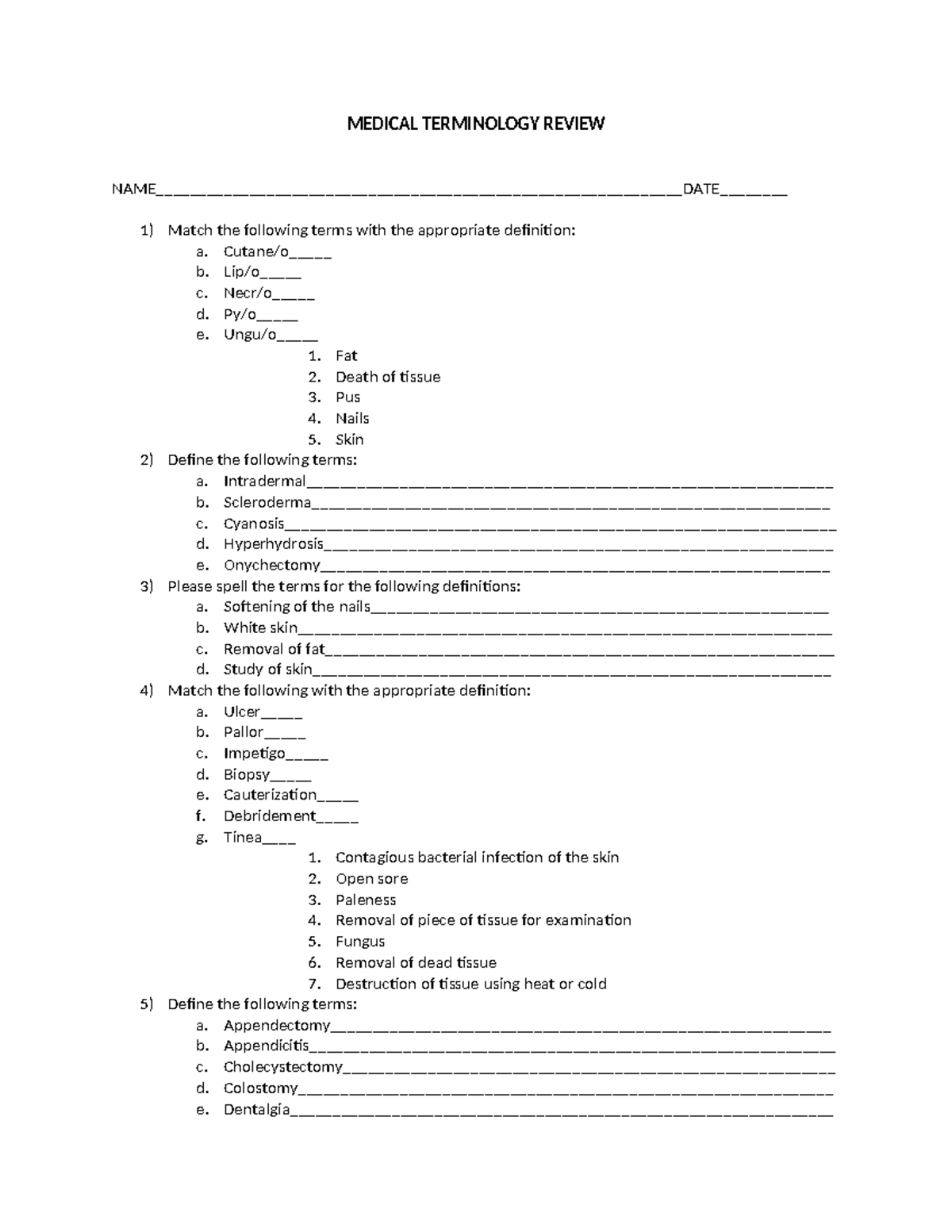 BIO 202 - Medical Terminology Review - MEDICAL TERMINOLOGY REVIEW - Studocu