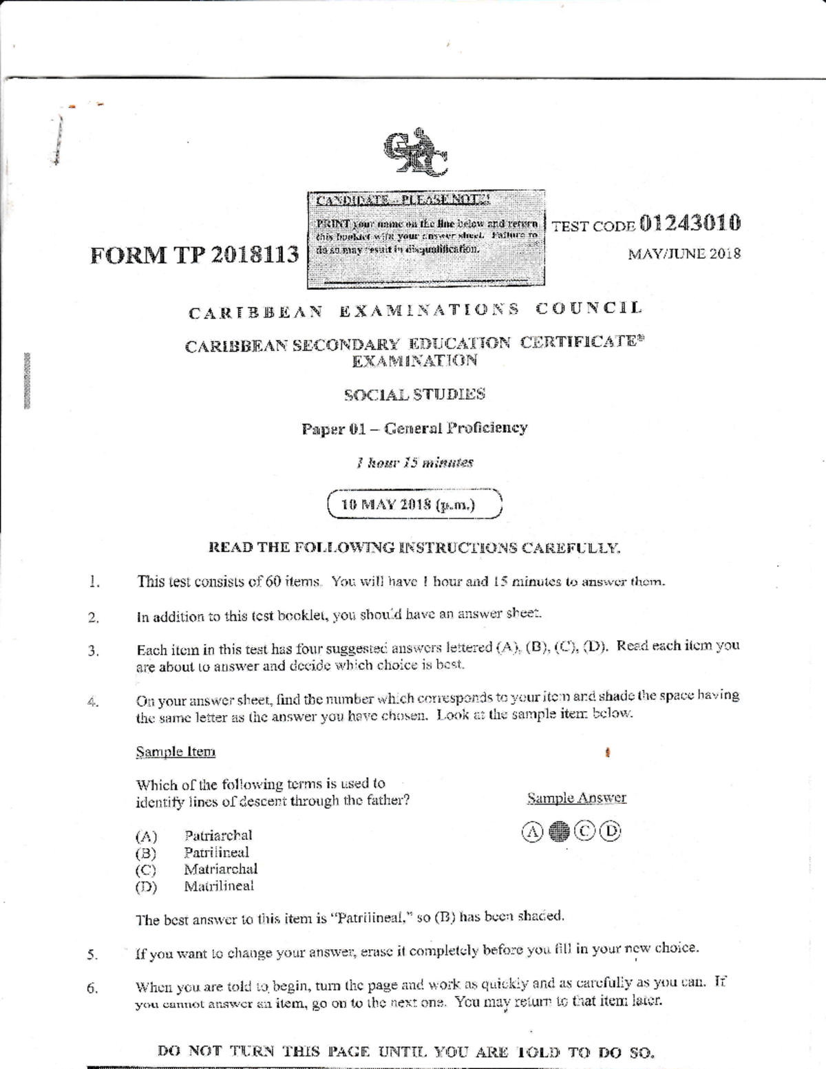 June 2018 p1 - Social past paper - I I TEST CODE 01243S FORM TP 203 ...