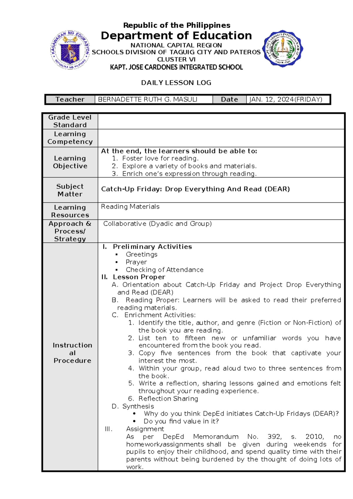 DEAR - DLP 01 - notes - Republic of the Philippines Department of ...