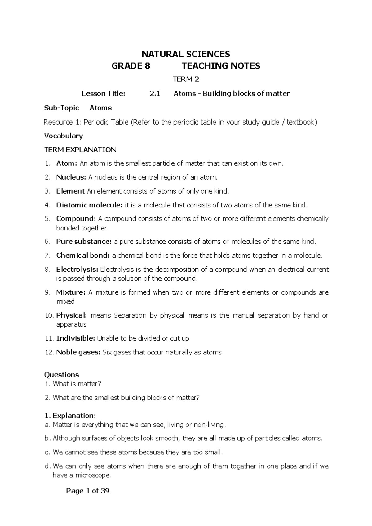Natural Sciences Grade 8 term 2 notes Atoms - Page 1 of 39 NATURAL ...