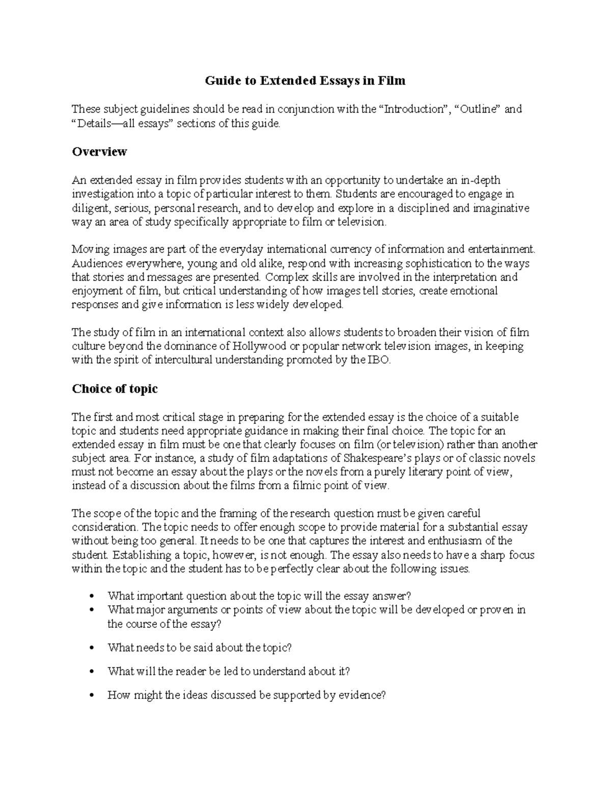 Guide to Extended Essays in Film - Overview An extended essay in film ...