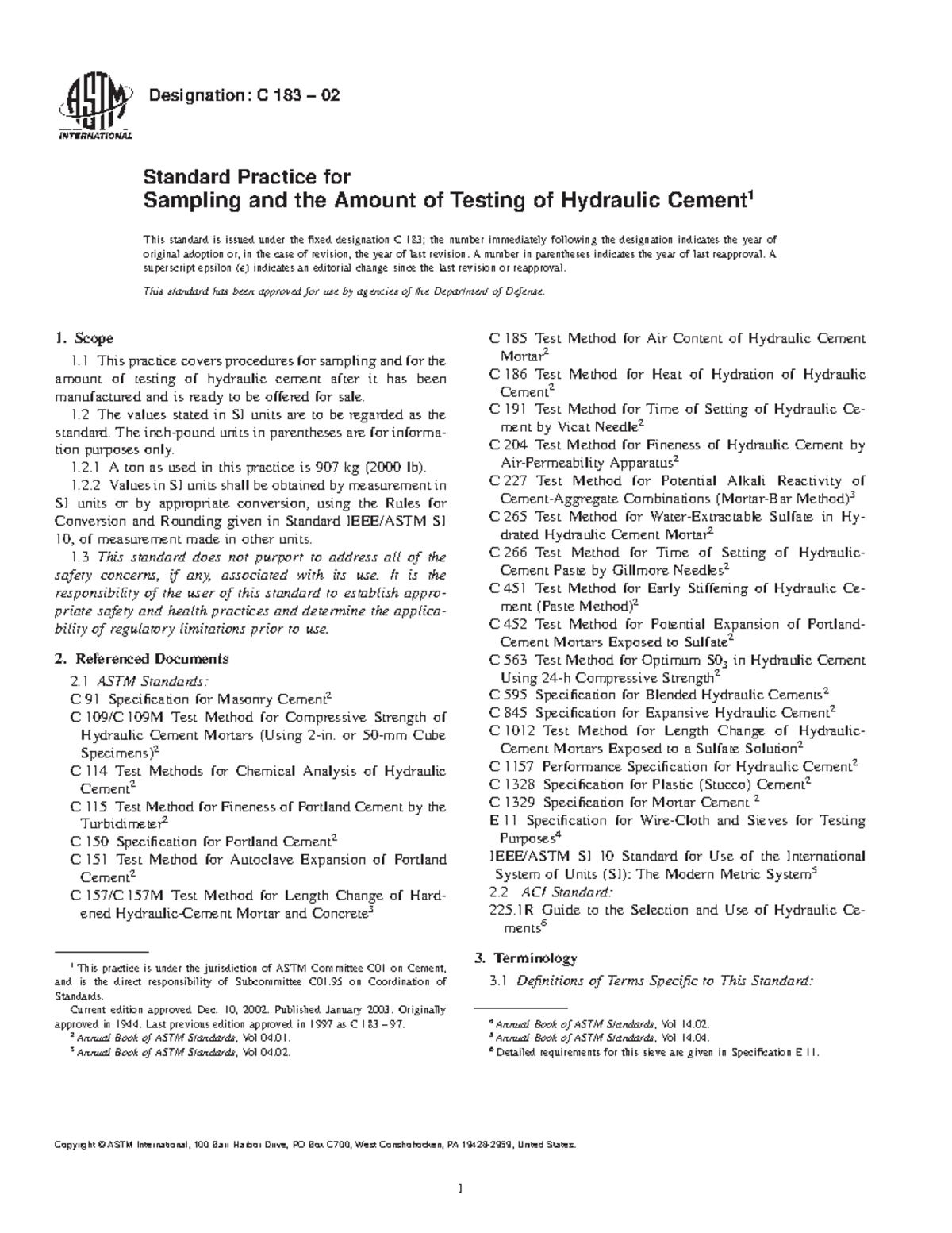 ASTM C 183 Sampling of Cement - Designation: C 183 – 02 Standard ...