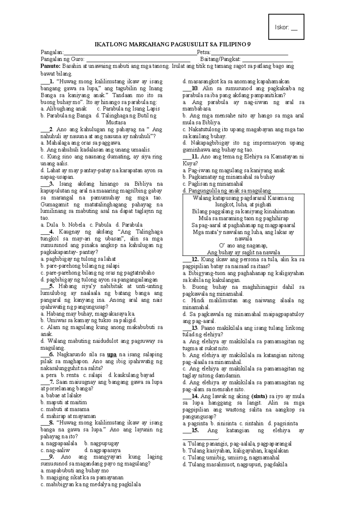 Filipino 9 Ikatlong Markahang Pagsusulit - IKATLONG MARKAHANG ...