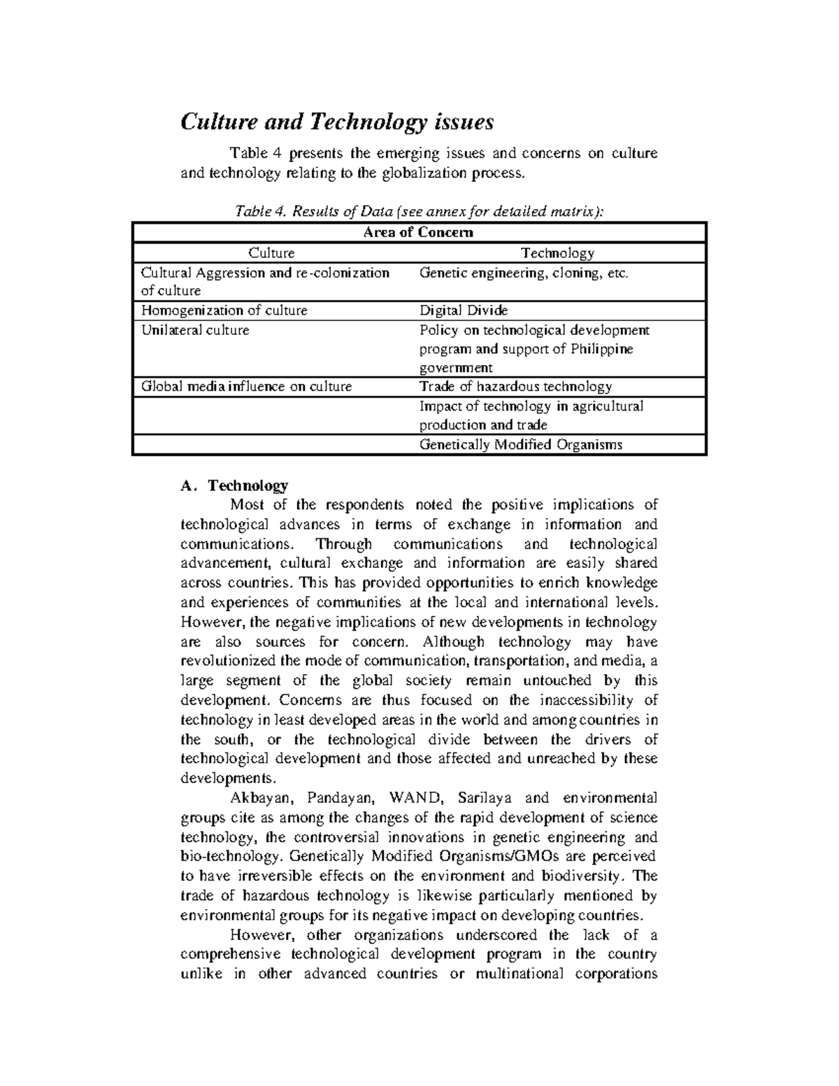Culture-technology-concers - Culture and Technology issues Table 4 ...