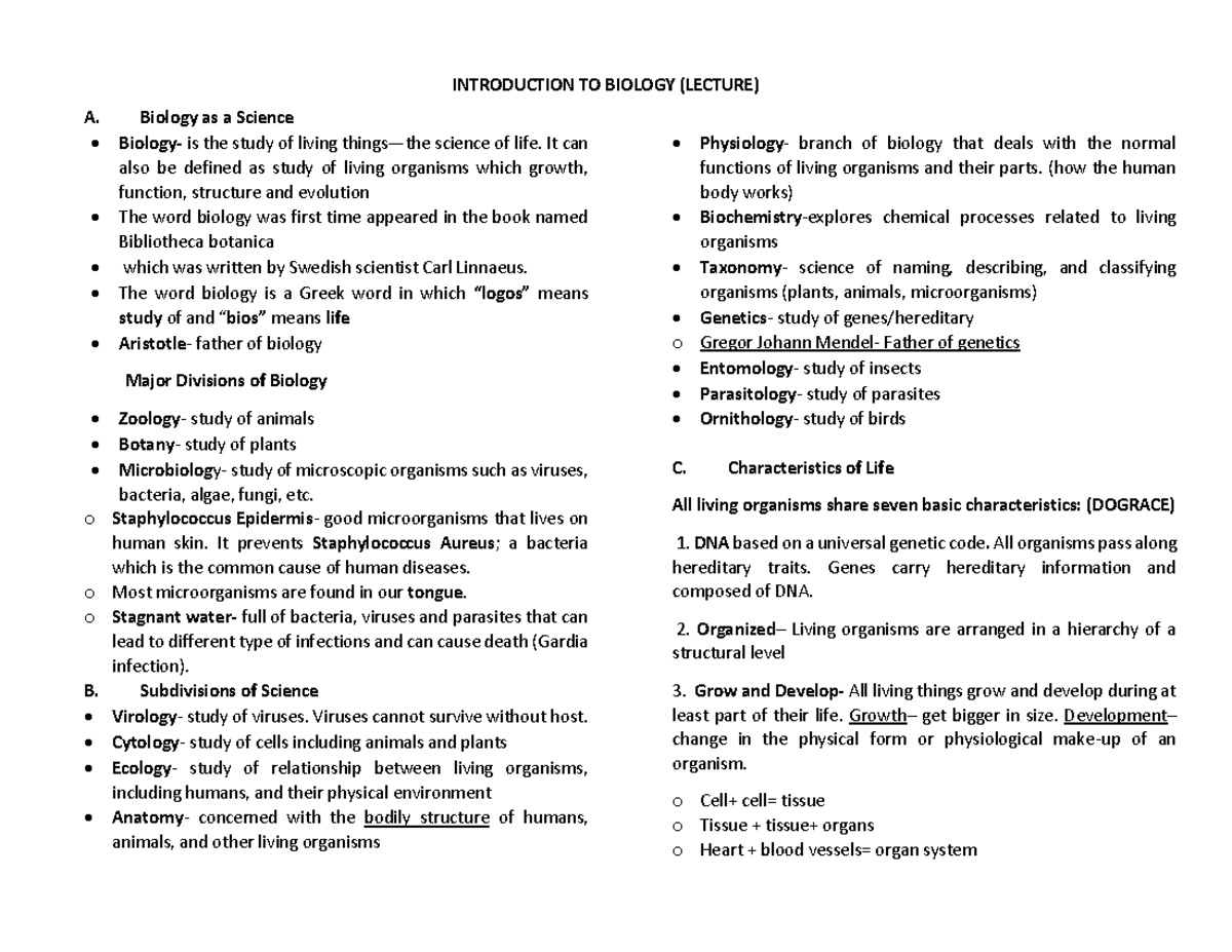 BIO101 Pointers - INTRODUCTION TO BIOLOGY (LECTURE) A. Biology as a ...