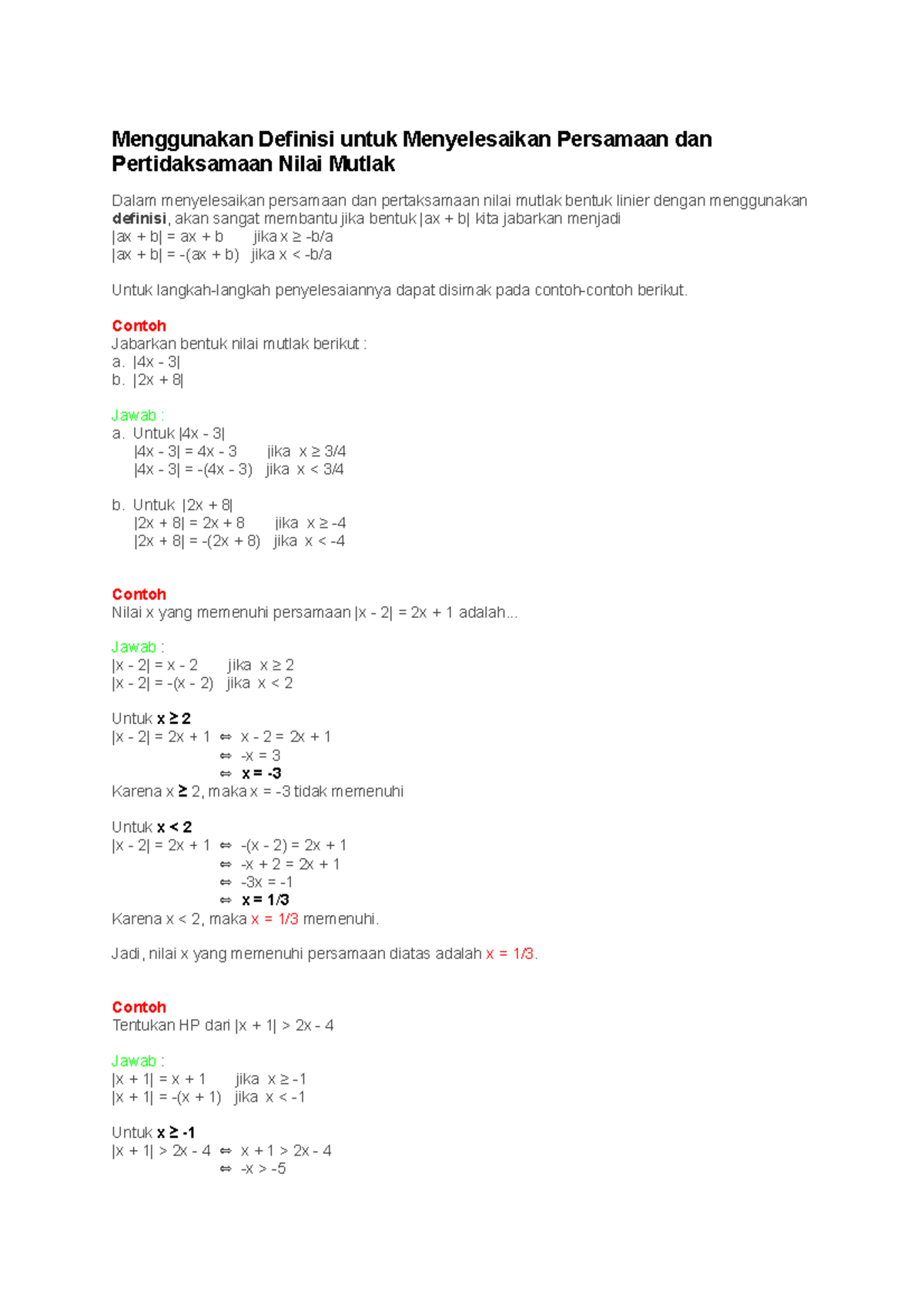Menggunakan Definisi untuk Menyelesaikan Persamaan dan Pertidaksamaan Nilai Mutlak - Menggunakan ...