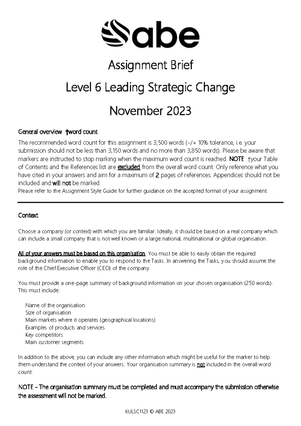 6ULSC AB Nov 23 - Assignment - 6ULSC 1123 © ABE 20 23 Assignment Brief ...