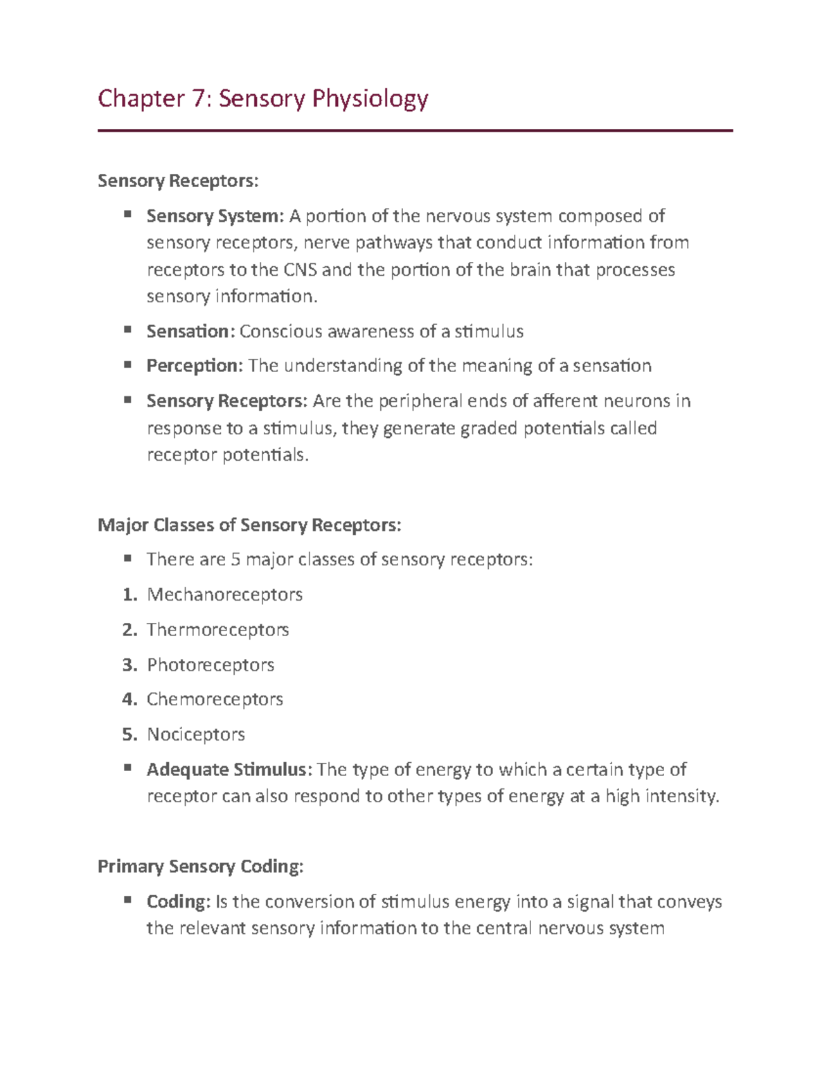 Chapter 7 Notes Sensory Receptors - Chapter 7: Sensory Physiology ...
