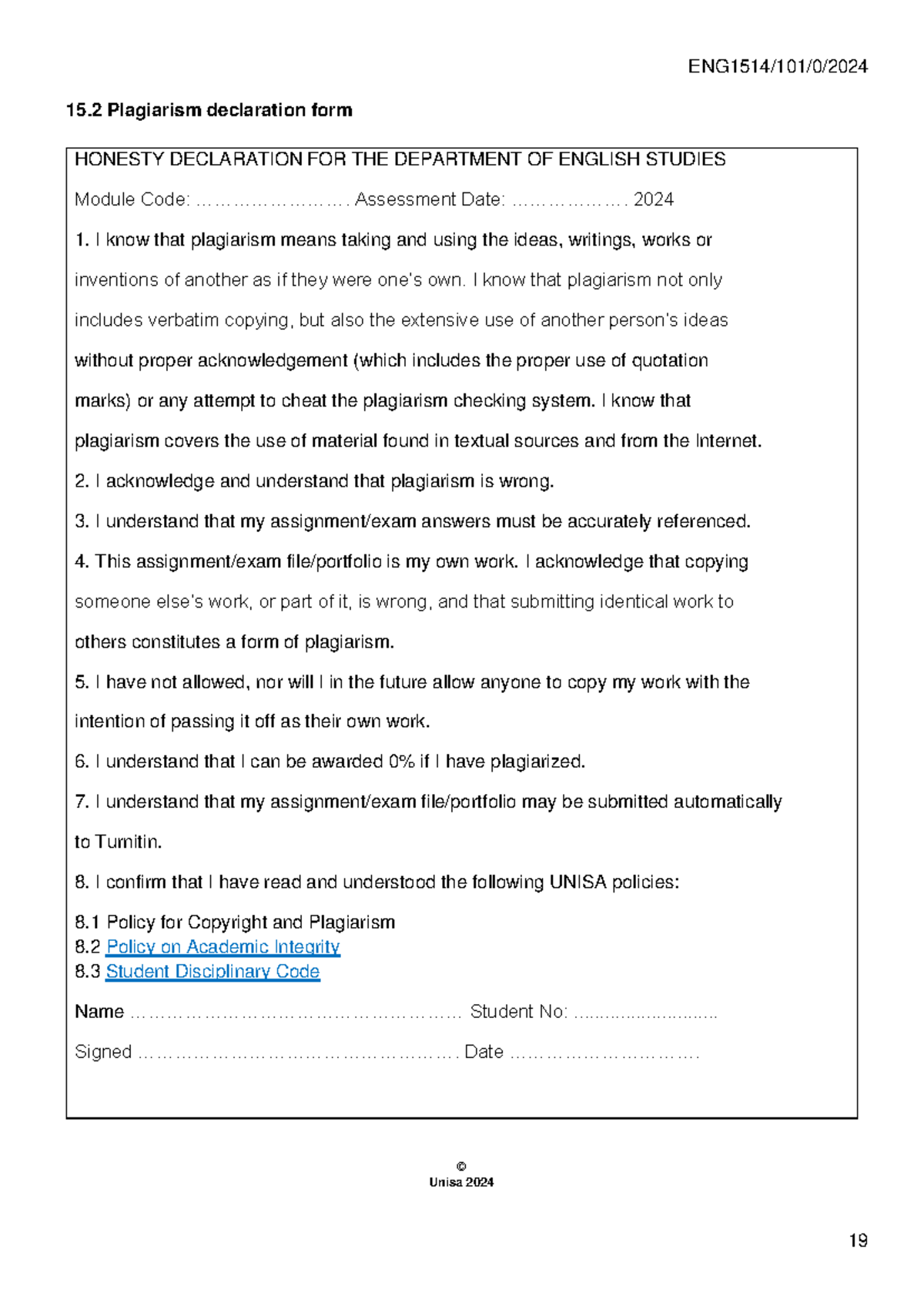 ENG Declaration - ENG1514/101/0/202 4 19 2 Plagiarism declaration form ...