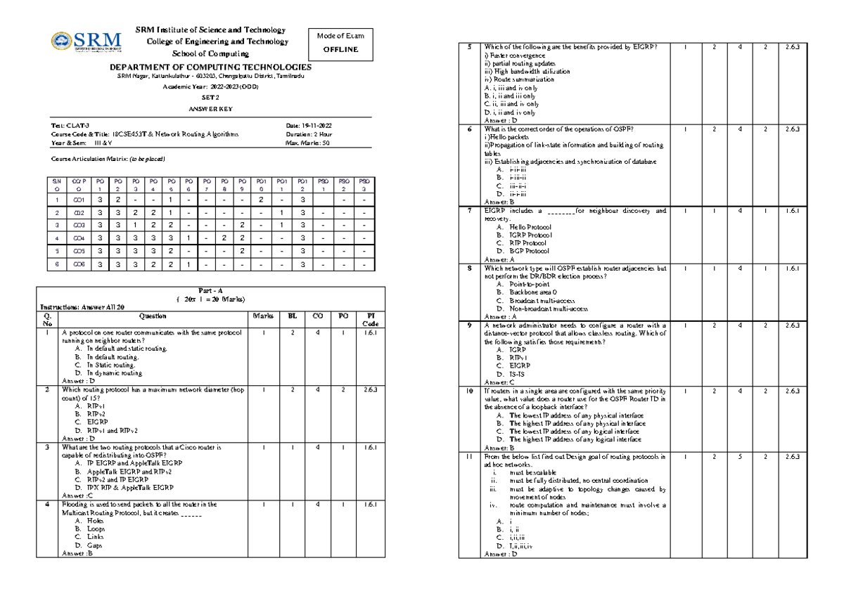 18CSE453T-NRA-CLA3-Answer key-SET2 - SRM Institute of Science and Technology College of ...