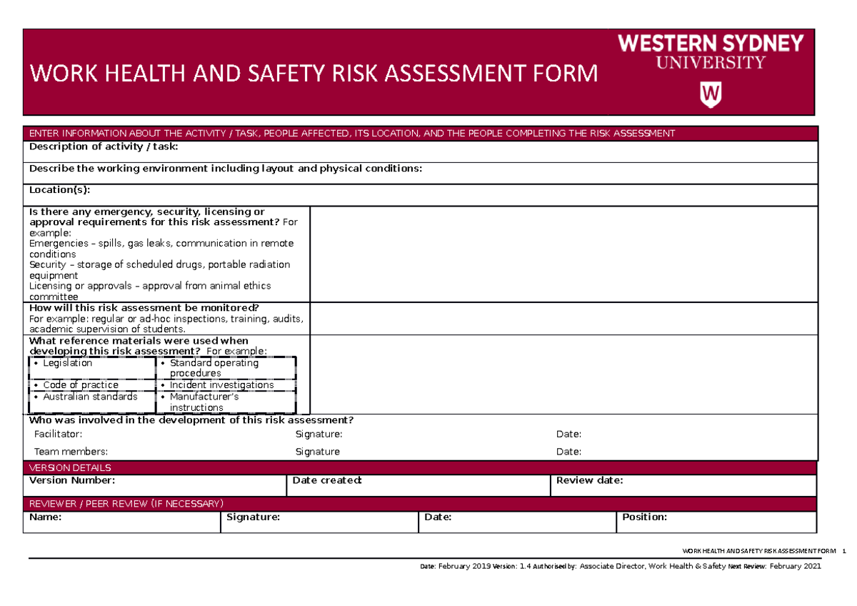 WHS Risk Assessment Form V1 - WORK HEALTH AND SAFETY RISK ASSESSMENT ...