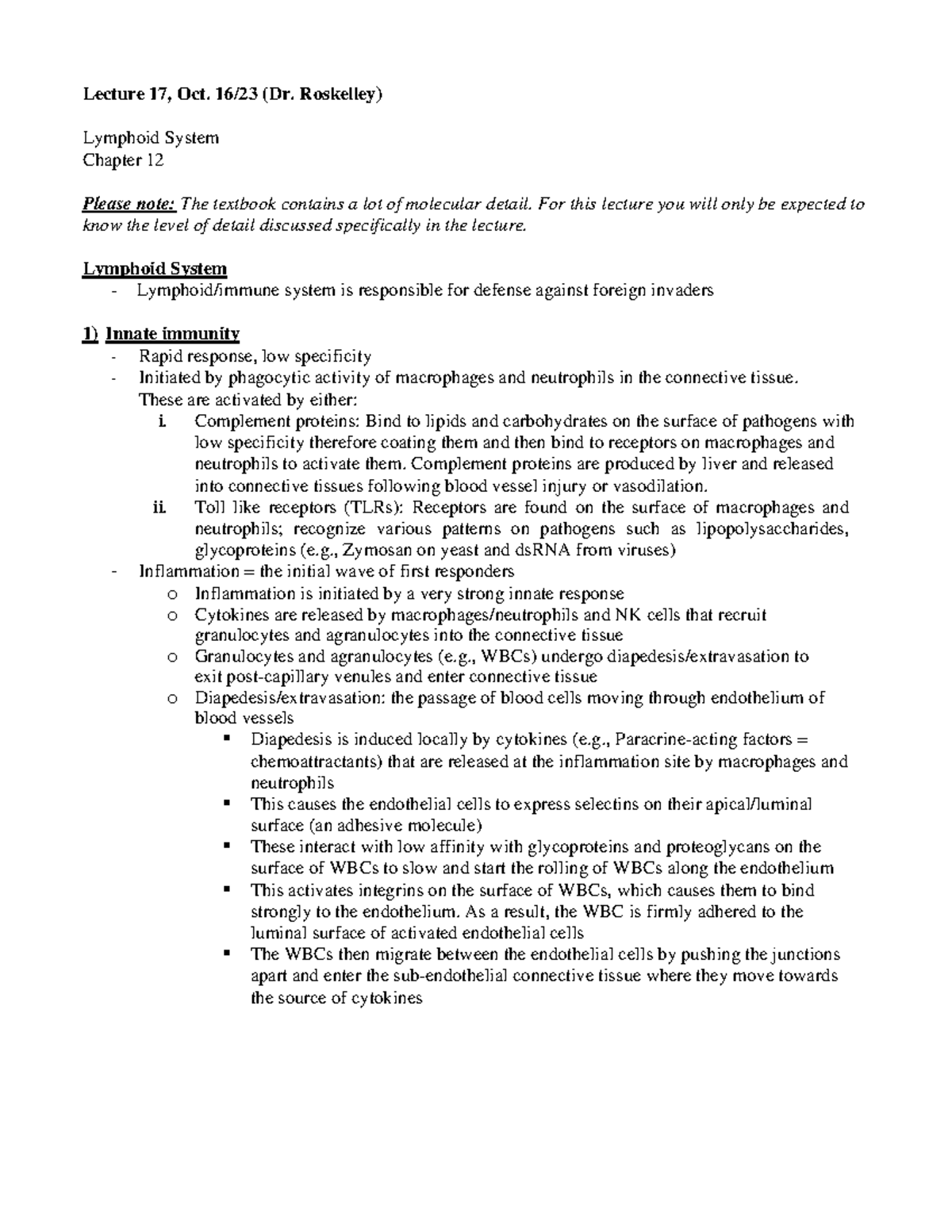 17Lect Lymphoid Summary 2023 - Lecture 17 , Oct. 16/23 (Dr. Roskelley) Lymphoid System Chapter ...