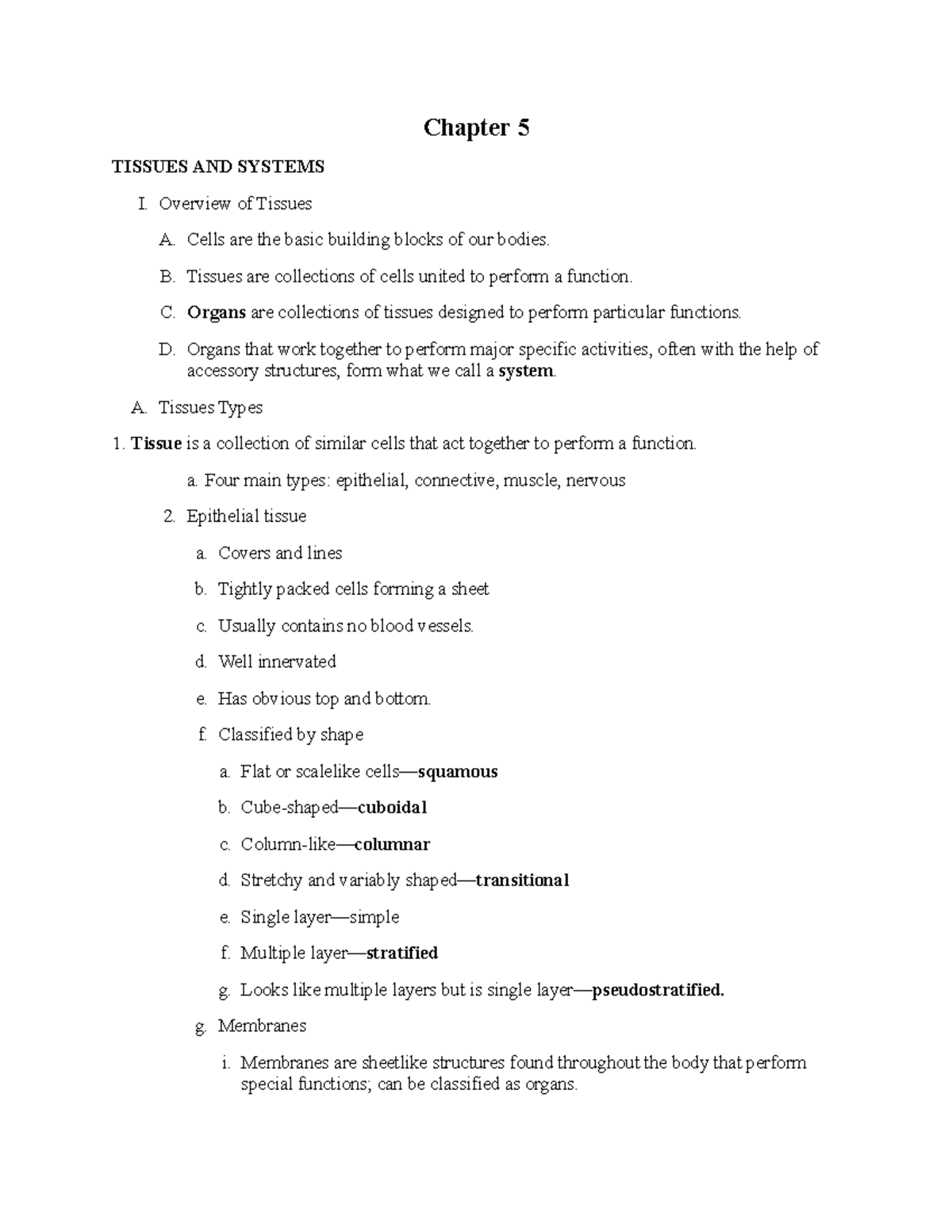 BI 362 Chpt. 5 notes - Useful guides - Chapter 5 TISSUES AND SYSTEMS I ...